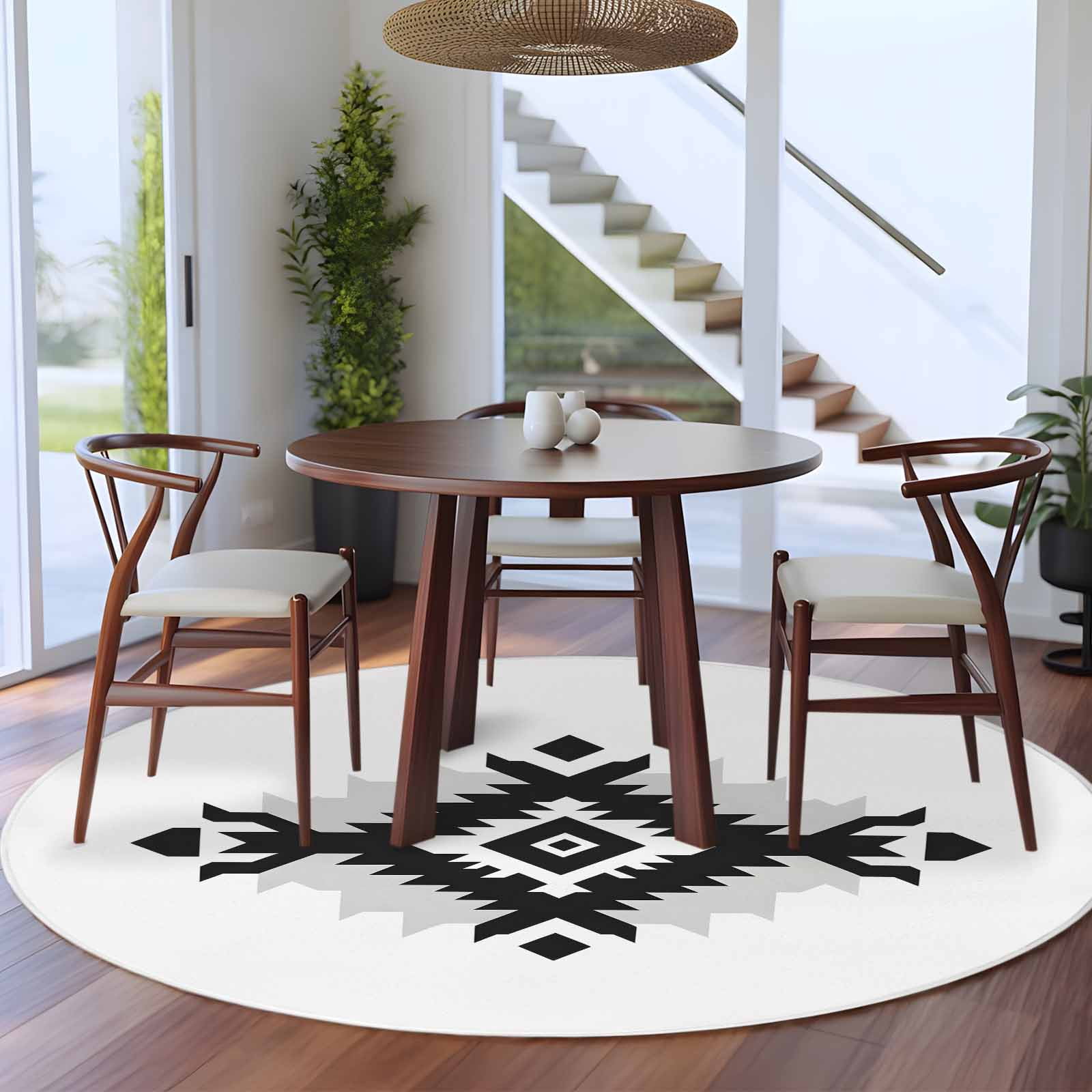 Abstract Ethnic 5ft Round Rug for Dining Table for 4 People Under Table ...
