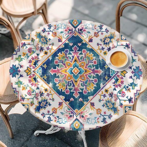 Abstract Ethnic Colorful Floral Texture Round Fitted Tablecloth with ...