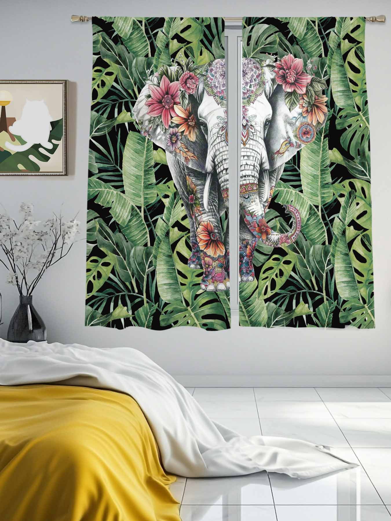 Abstract Ethnic Elephant Flower Leaf Chiffon Sheer Curtains 63 Inches ...