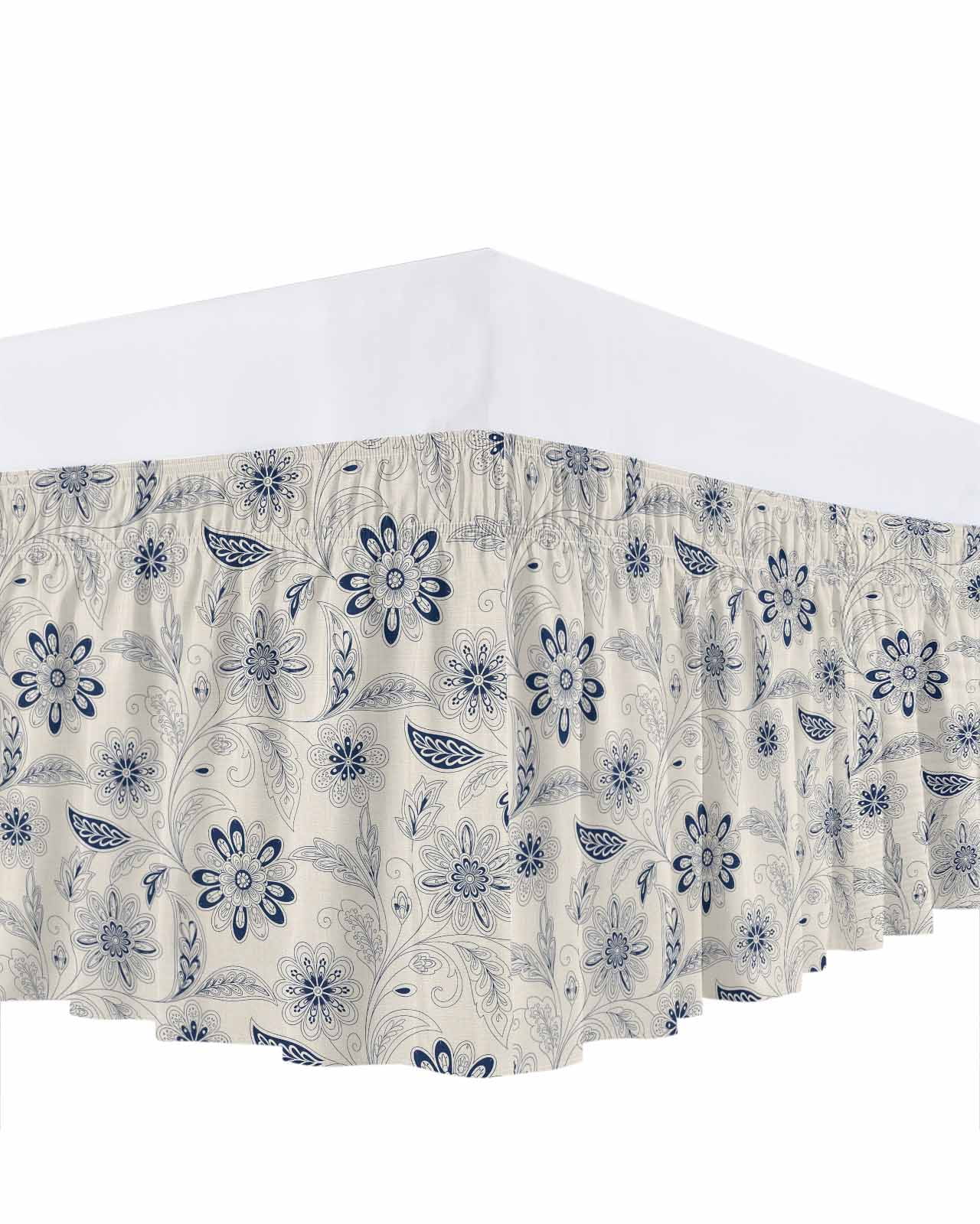 Abstract Ethnic Flower Bed Skirt Queen Size 18 Inch Drop, Vintage Blue ...