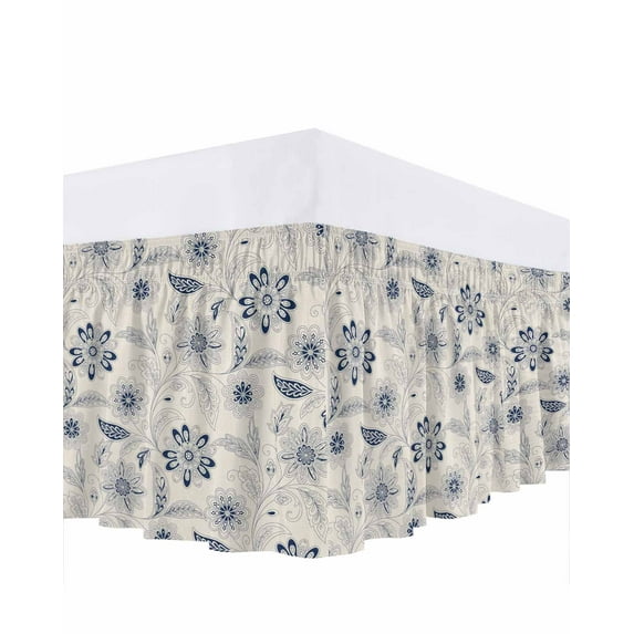 Abstract Ethnic Flower Bed Skirt Queen Size 18 Inch Drop, Vintage Blue ...