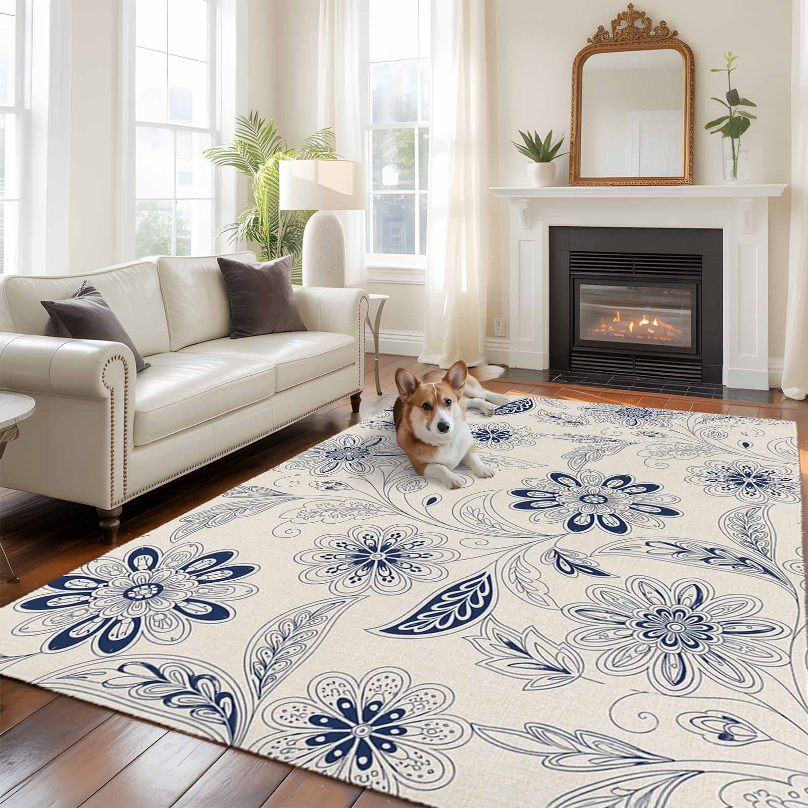 Abstract Ethnic Flower Large Area Rugs 5x8 ft Vintage Blue Pattern ...