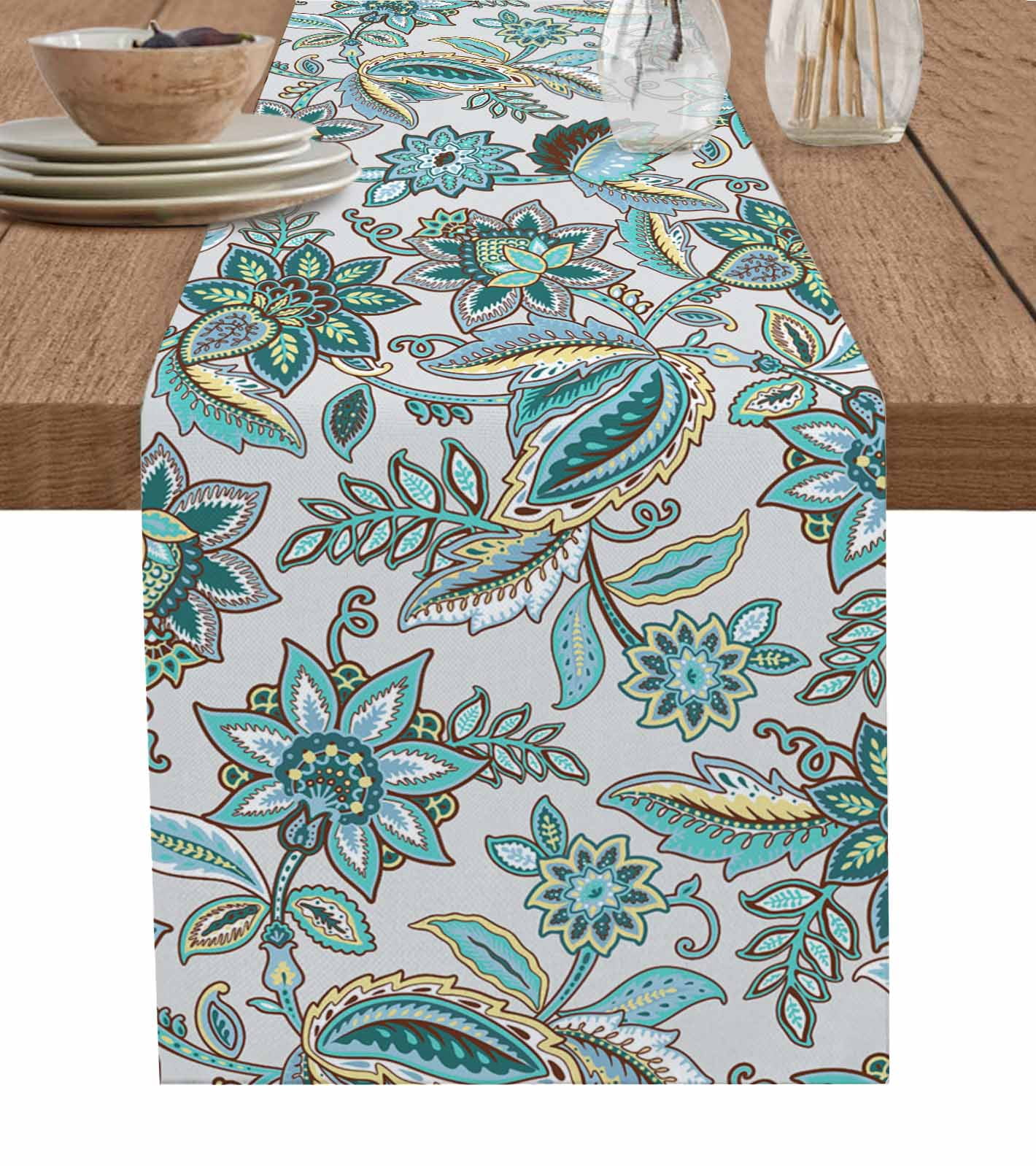 Abstract Ethnic Flower Leaves Vintage Turquoise Grain Table Runner ...
