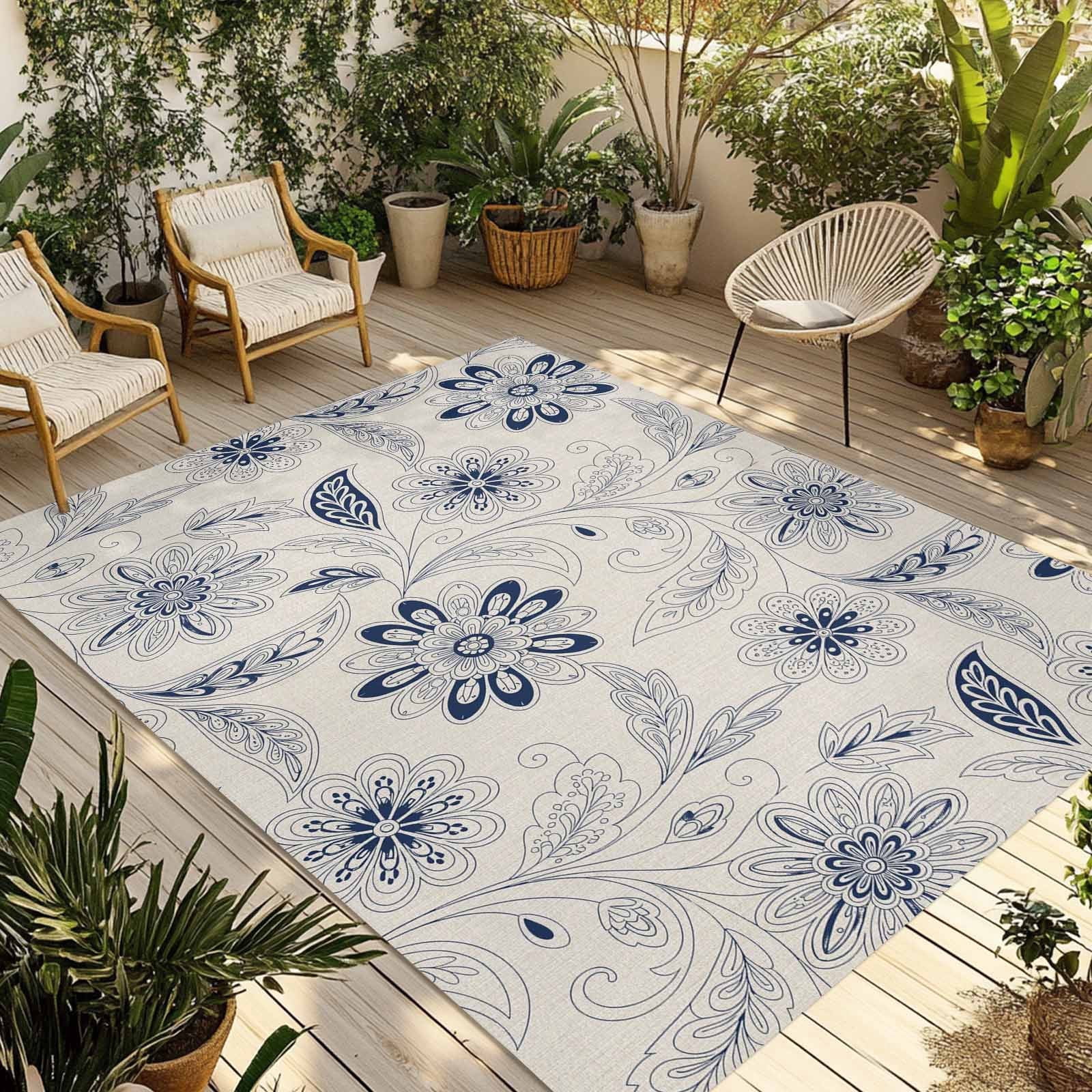 Abstract Ethnic Flower Outdoor Rug, Vintage Blue Pattern Non-Slip Area ...