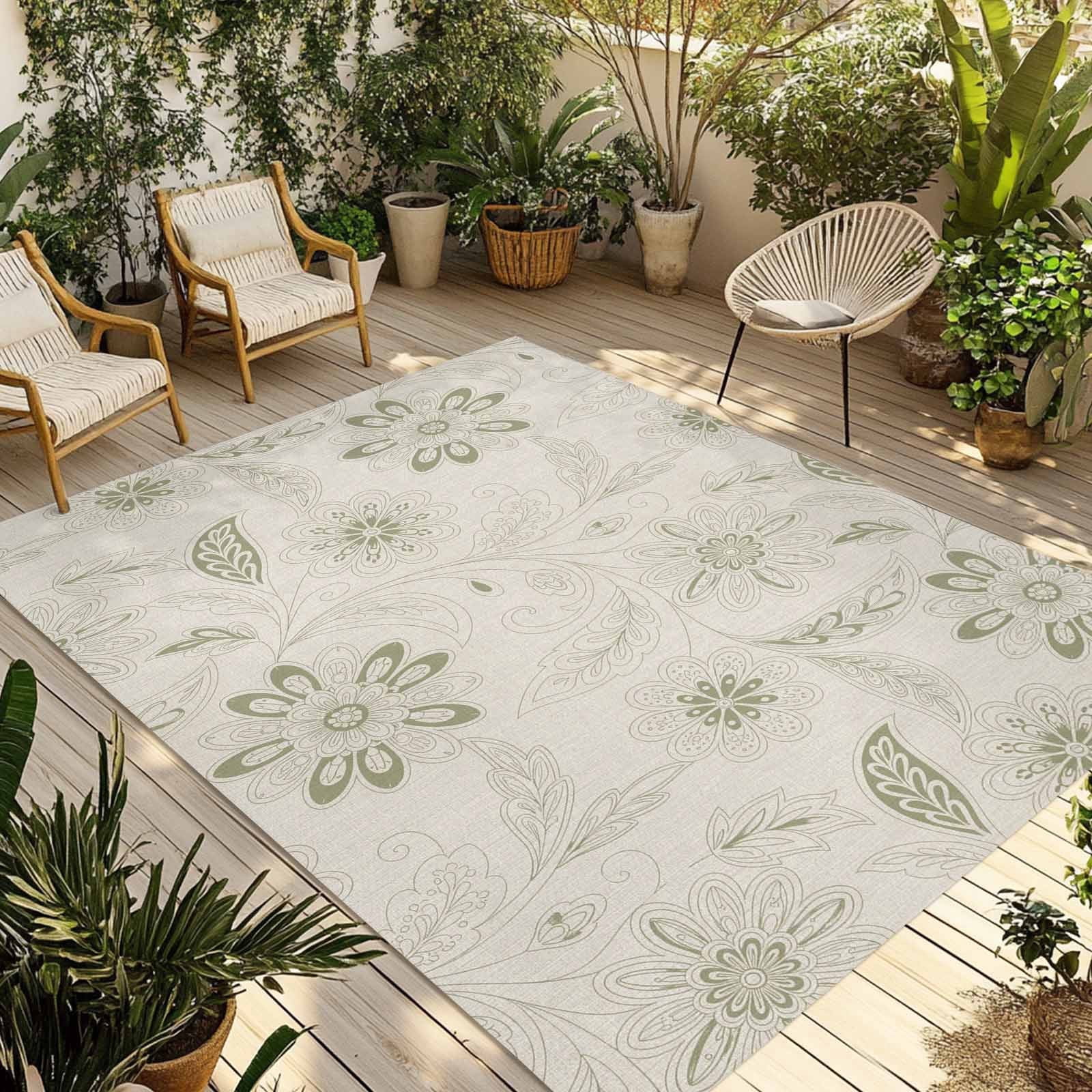 Abstract Ethnic Flower Outdoor Rug, Vintage Green Pattern Floral Non ...