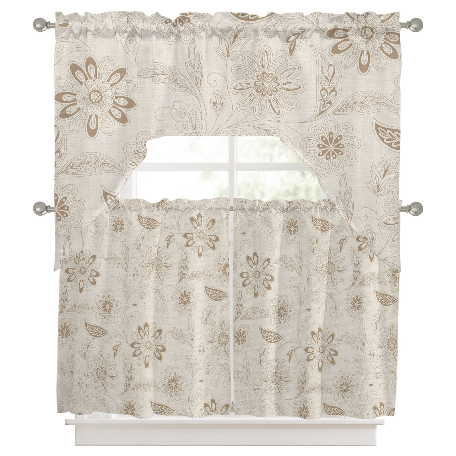 Abstract Ethnic Flower Swag Valance and Tier Set of 3, Vintage Brown ...