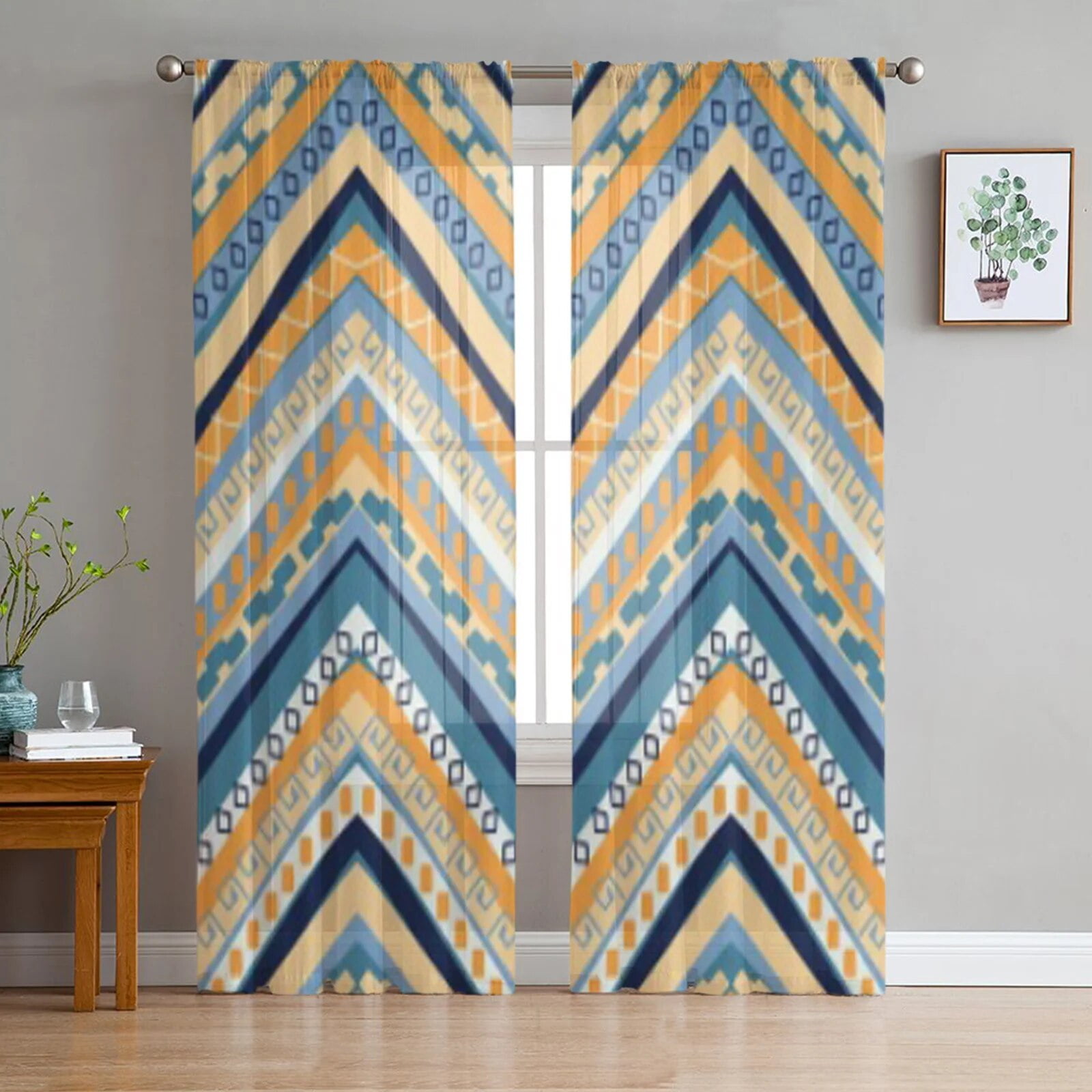 Abstract Ethnic Geometric Pattern Tulle Sheer Curtains for Living Room ...