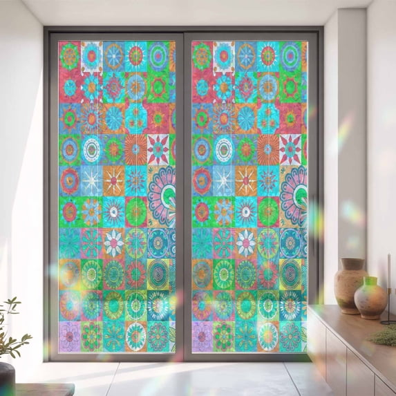 Abstract Ethnic Green Pattern Window Privacy Film, Rainbow Film ...