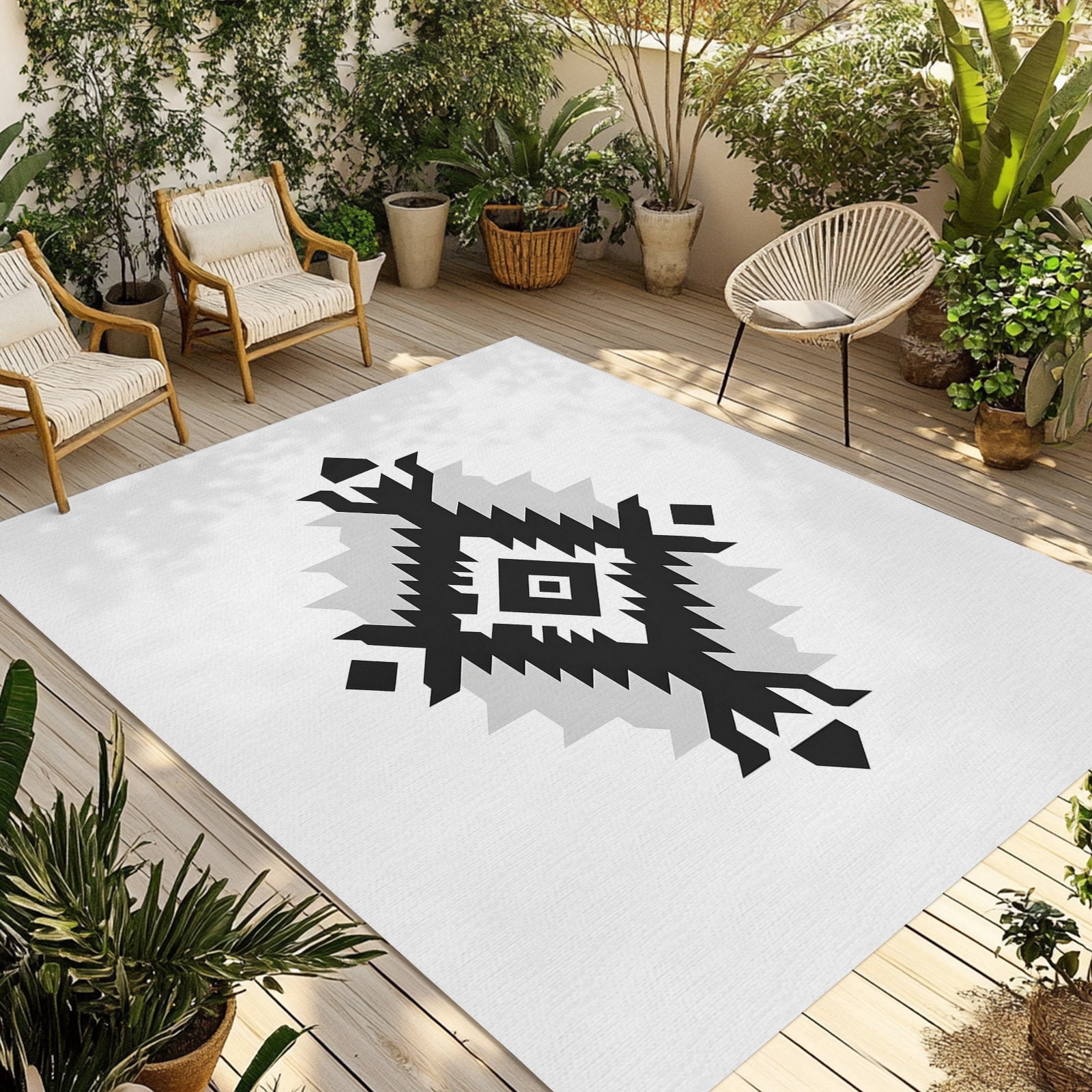 Abstract Ethnic Outdoor Rug, Vintage Black Bohemian Pattern Non-Slip ...