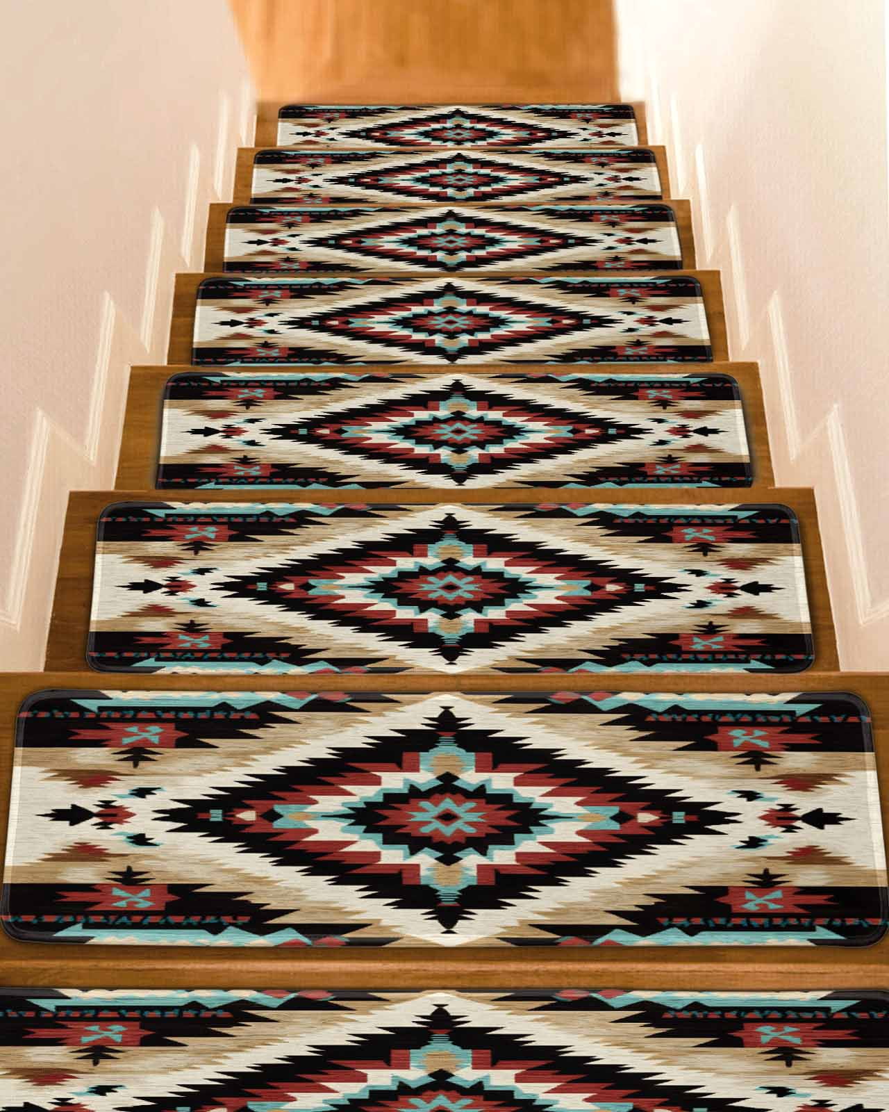 Abstract Ethnic Style Art Non-Slip Stair Treads for Wooden Steps Retro ...