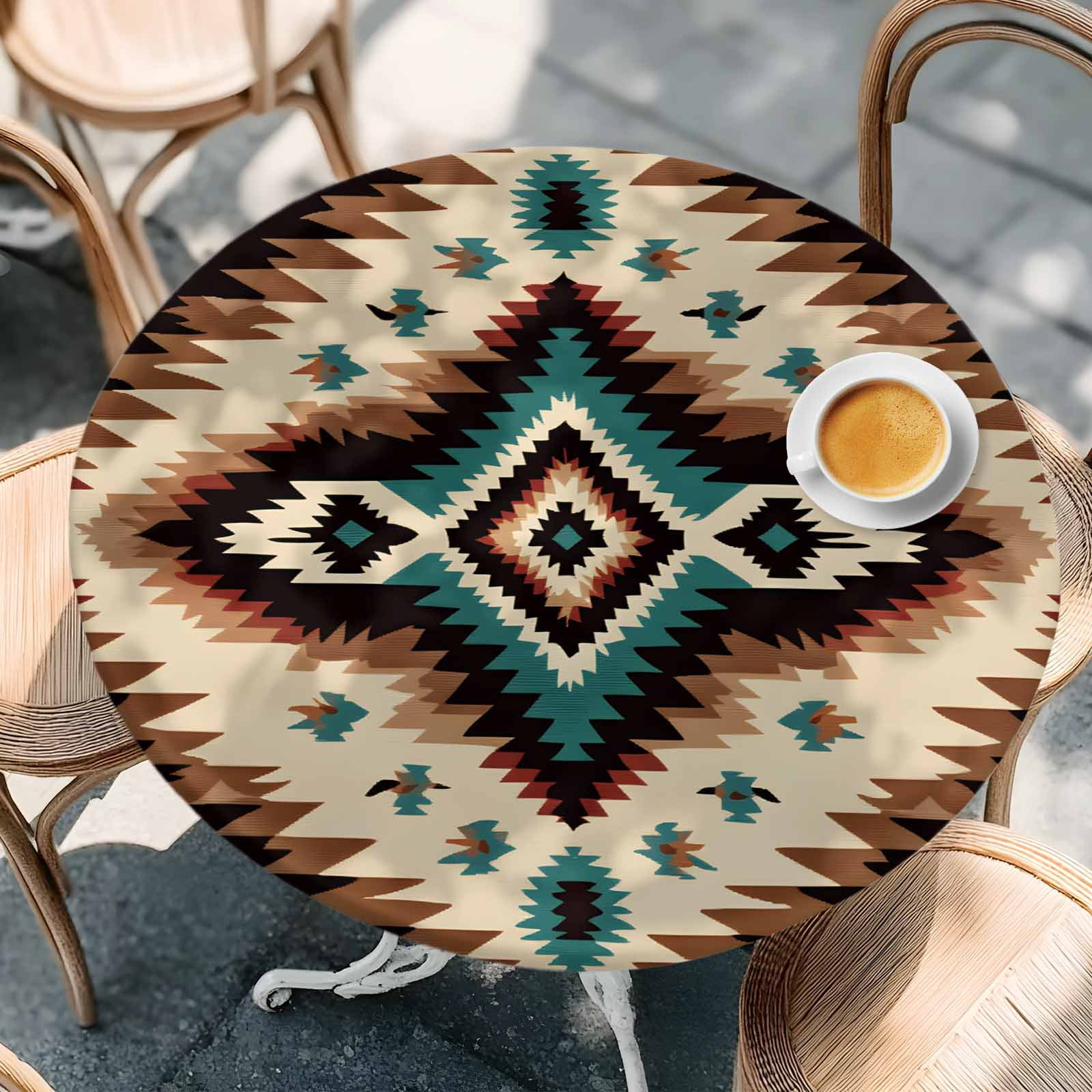 Abstract Ethnic Style Colored Geometric Round Fitted Tablecloth with ...