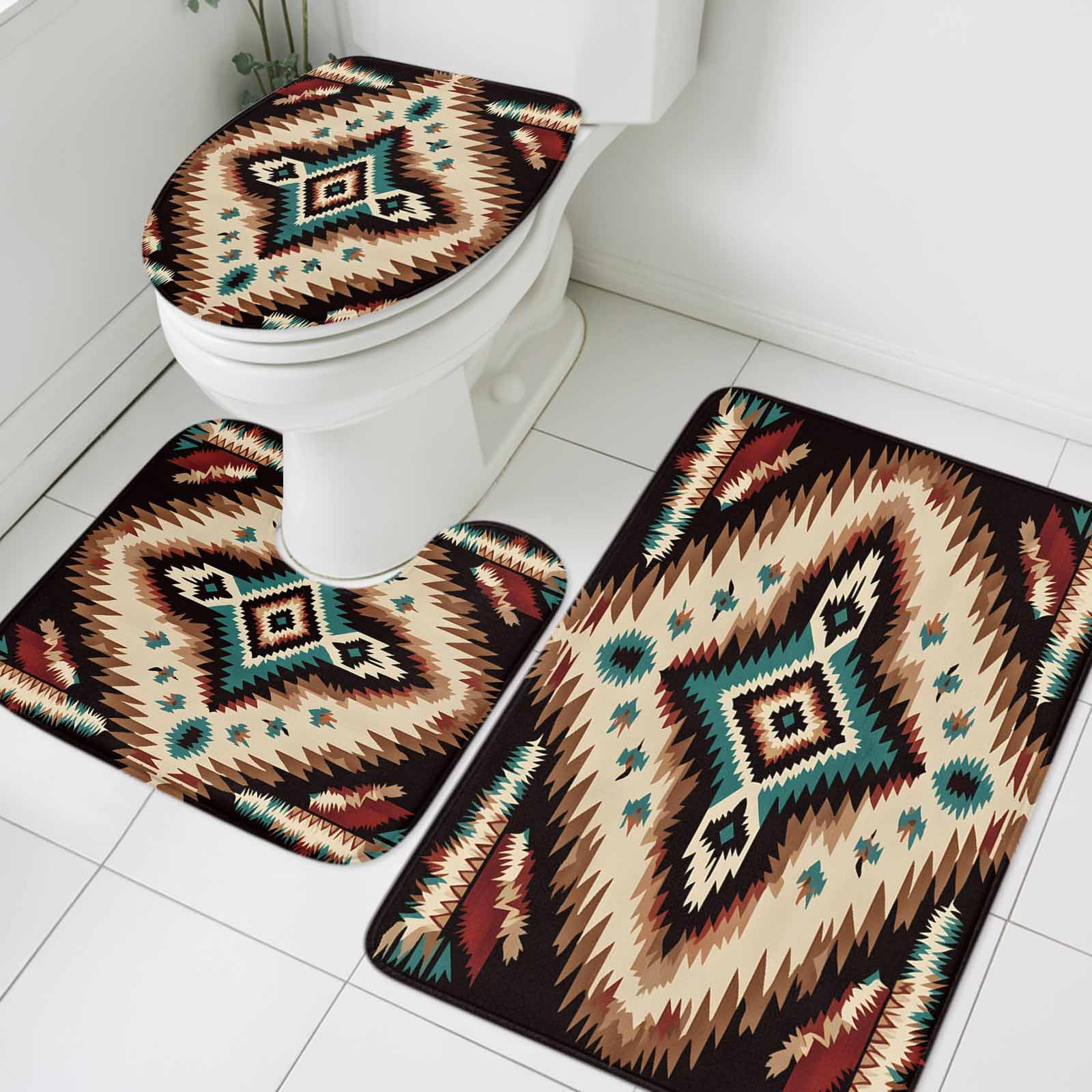 Abstract Ethnic Style Pattern Bathroom Rugs Set Retro Brown Red Weaving ...