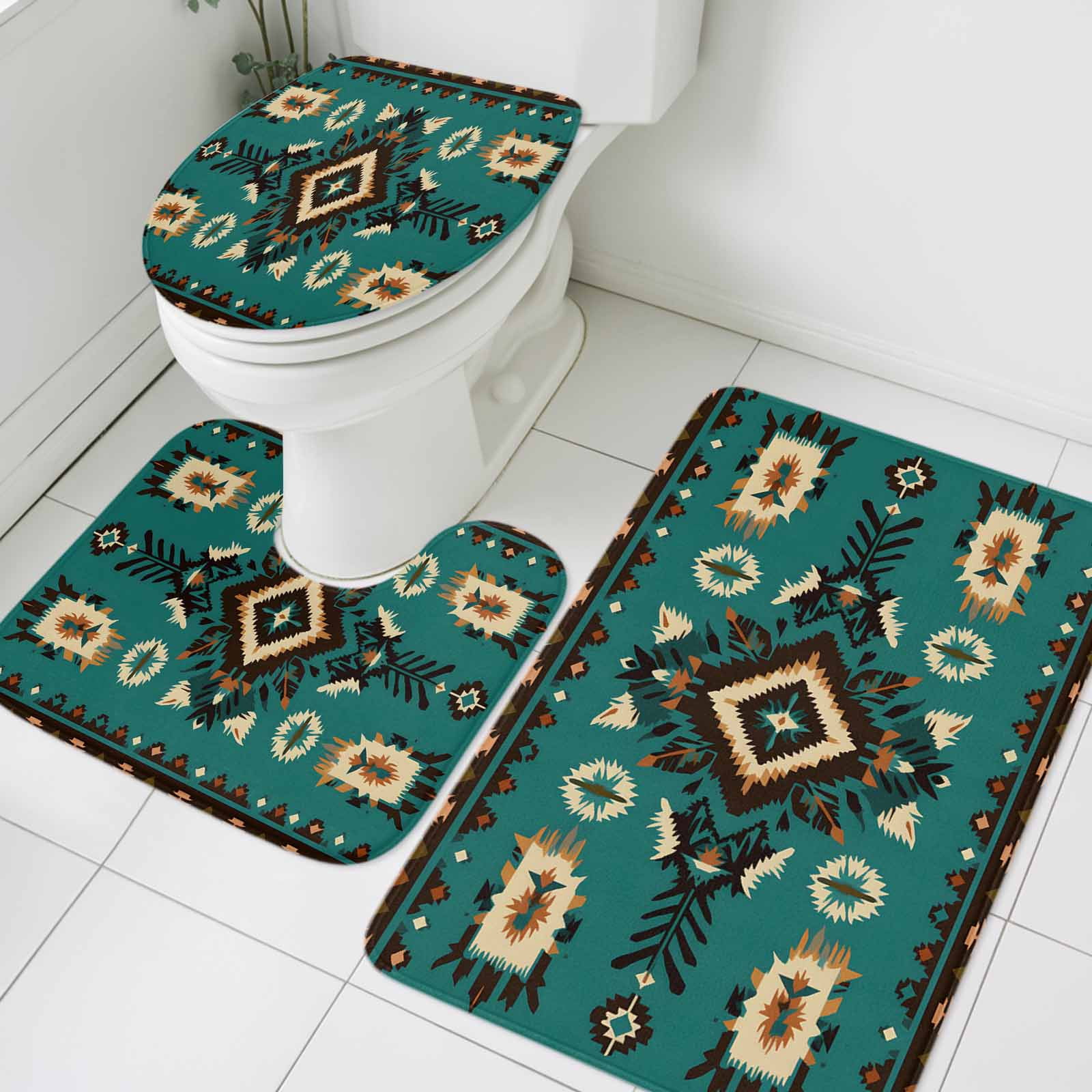Abstract Ethnic Style Pattern Bathroom Rugs Set Retro Weaving Green Art ...