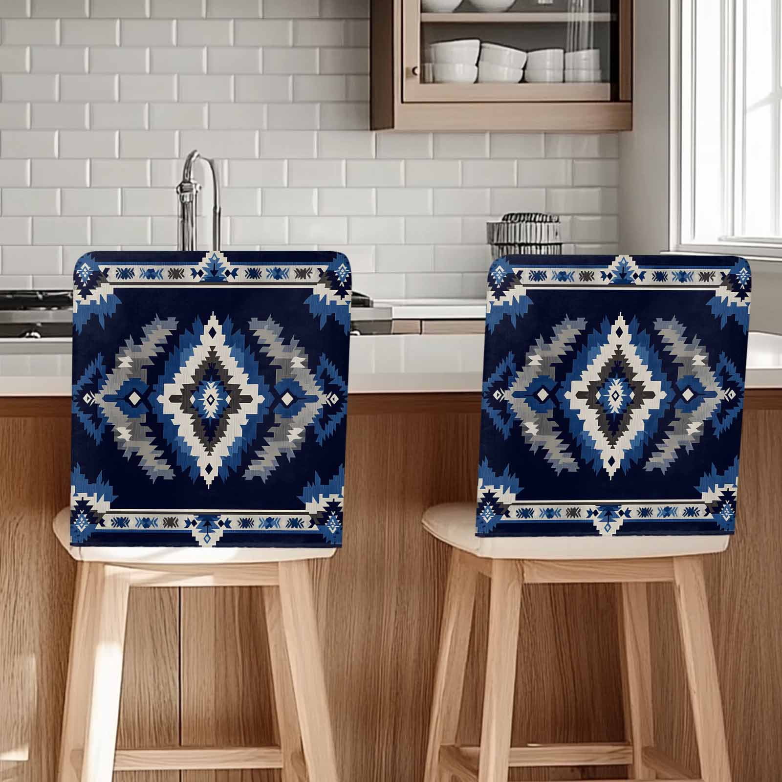 Abstract Ethnic Style Pattern Chair Covers Set of 8 Retro Blue White ...
