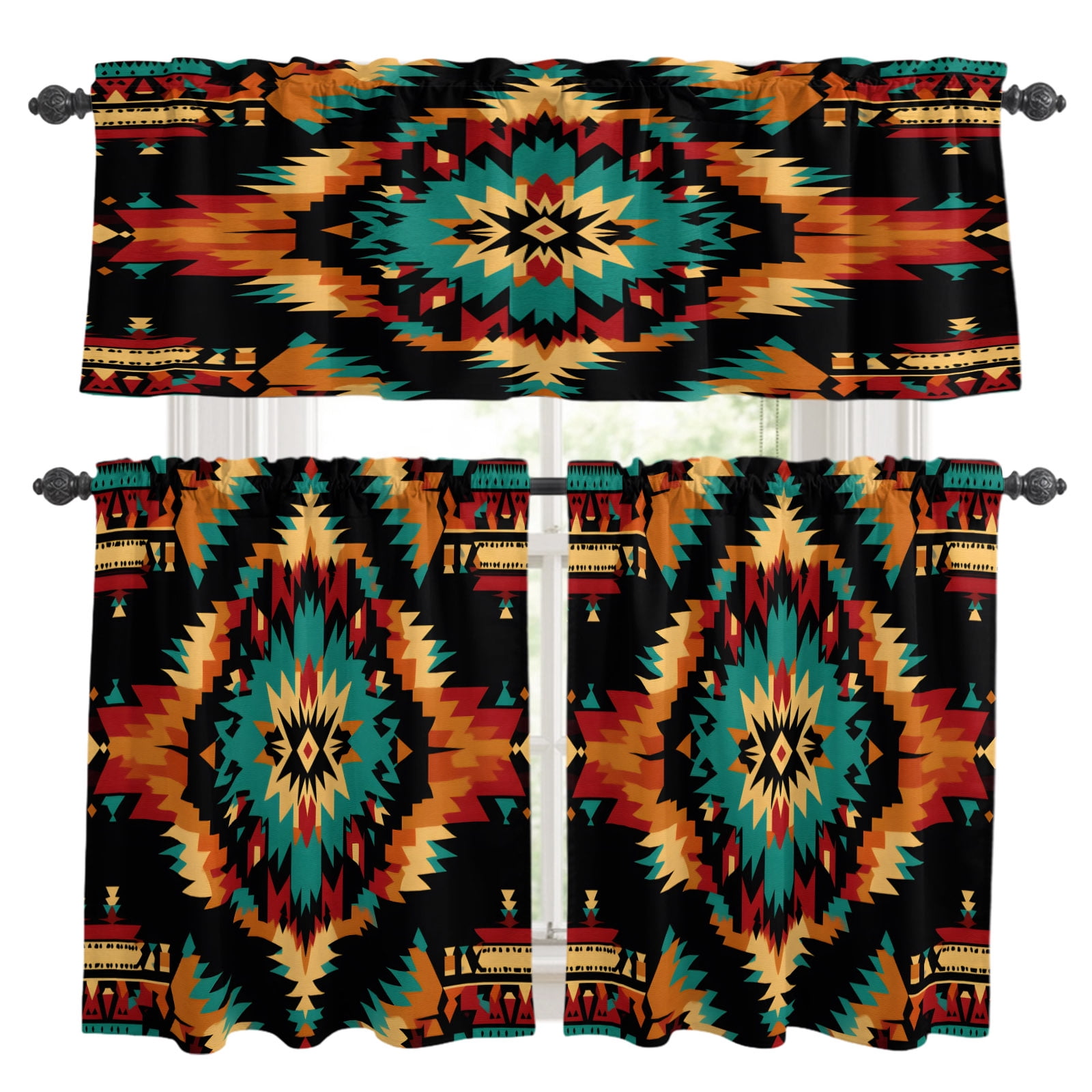 Abstract Ethnic Style Pattern Kitchen Curtains Valance and Tier Set ...