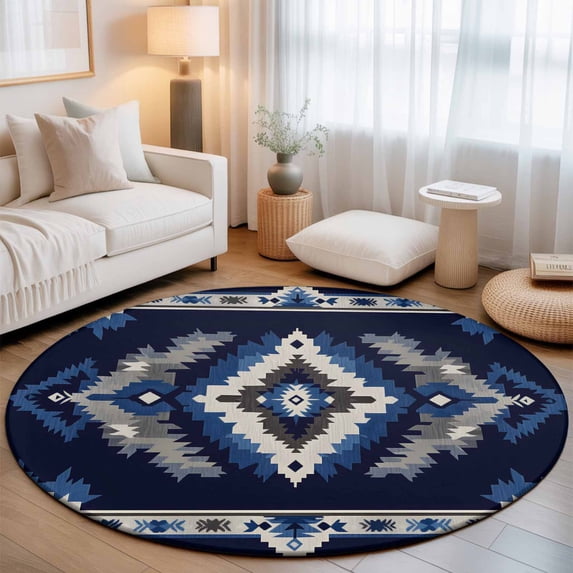 Abstract Ethnic Style Pattern Large Round Rug 8Ft Retro Blue White ...