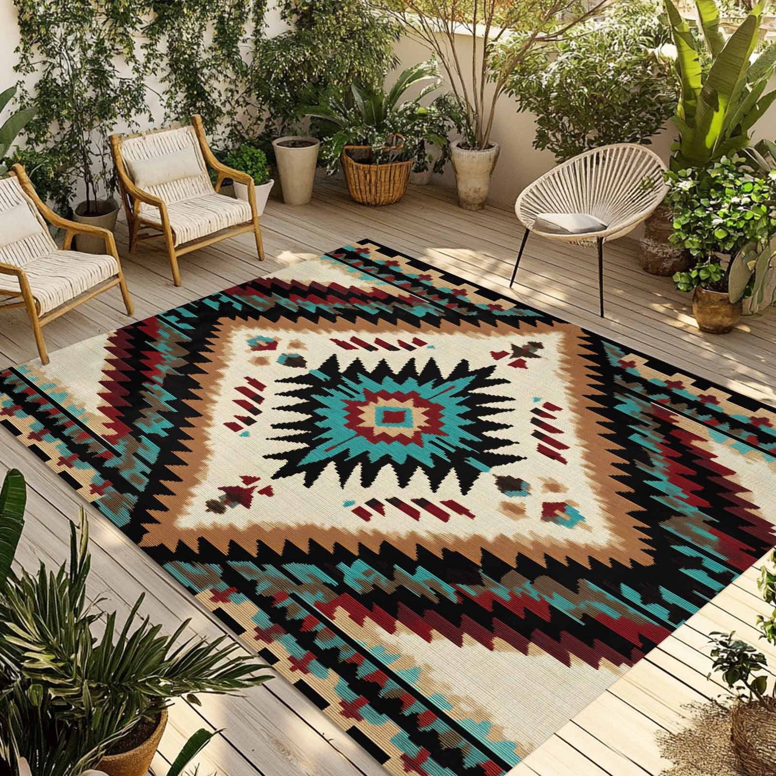 Abstract Ethnic Style Pattern Outdoor Rug, Retro Brown Green Weaving ...