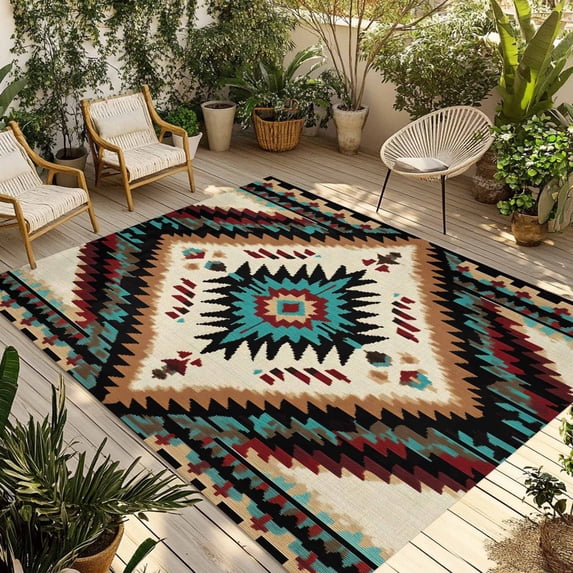 Abstract Ethnic Style Pattern Outdoor Rug, Retro Brown Green Weaving ...
