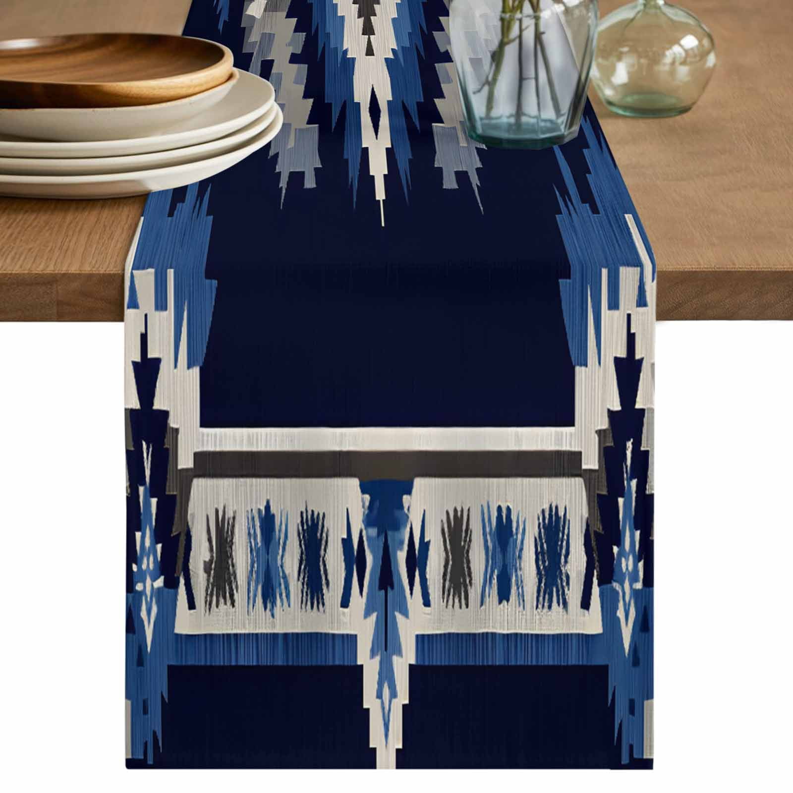Abstract Ethnic Style Pattern Table Runner, Retro Blue White Weaving ...