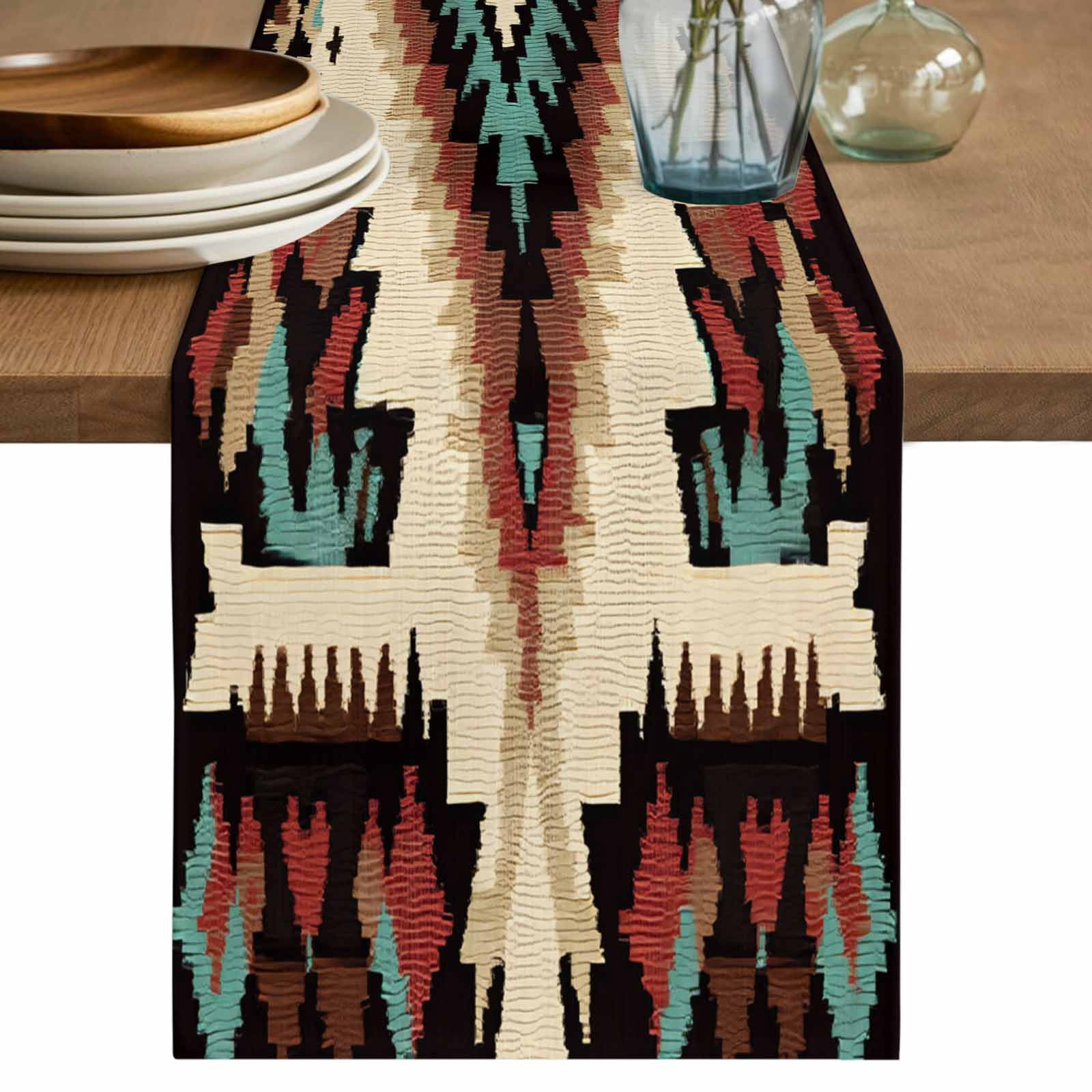 Abstract Ethnic Style Table Runner, Retro Brown Green Weaving Pattern ...