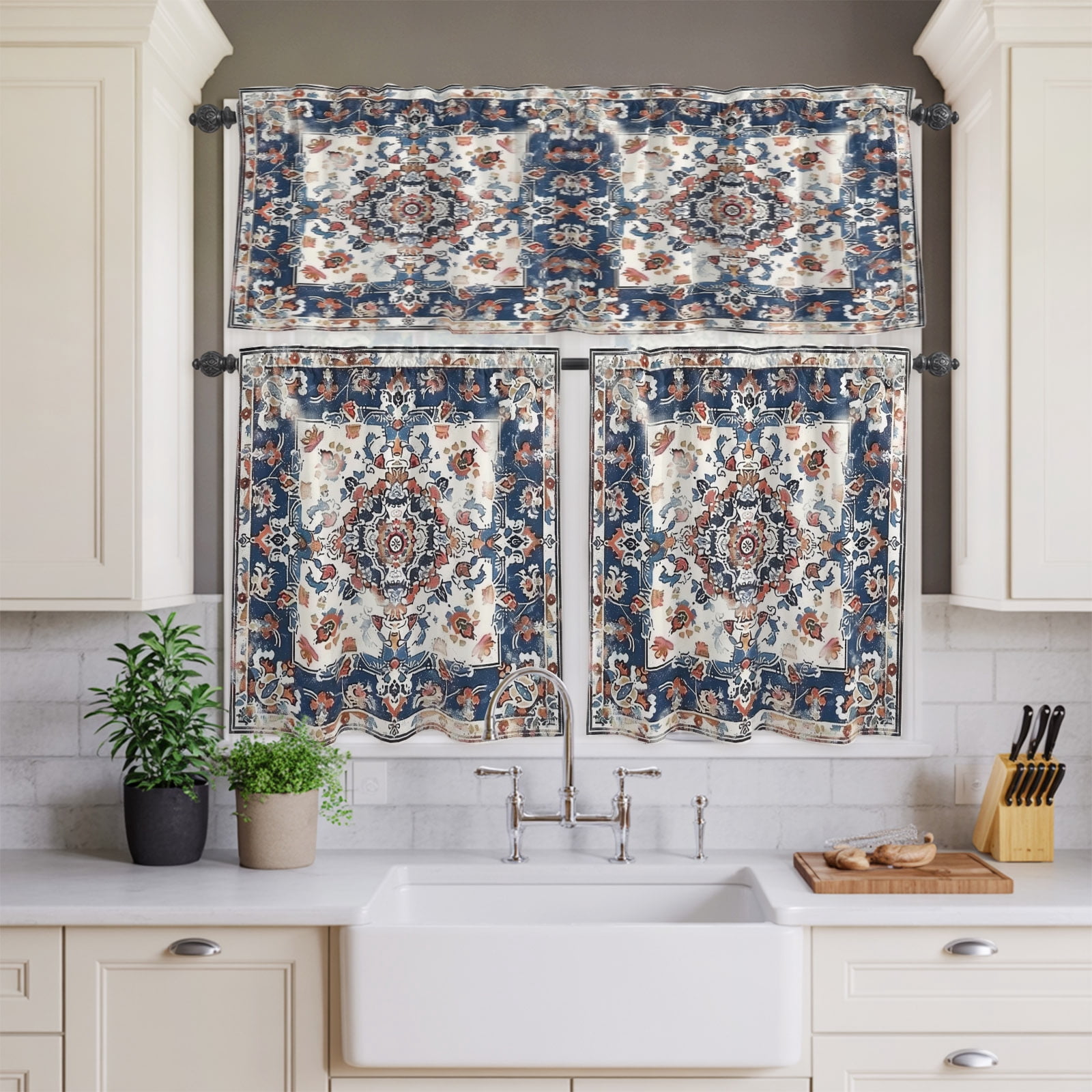 Abstract Ethnic Swirling Floral Pattern Curtain Tier and Valance Set 3 ...