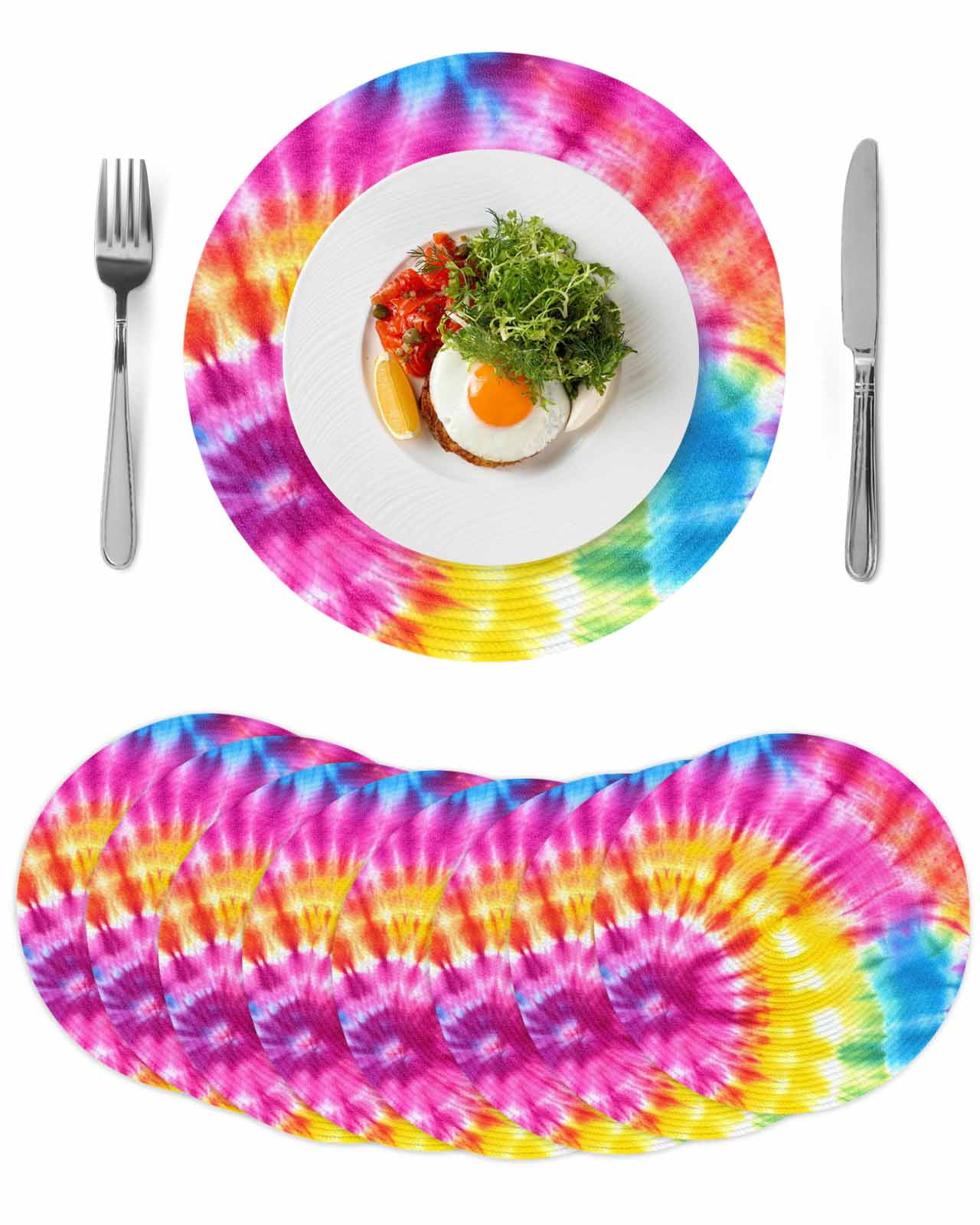 Abstract Ethnic Tie Dye Art Round Table Placemats set of 8, Colorful ...