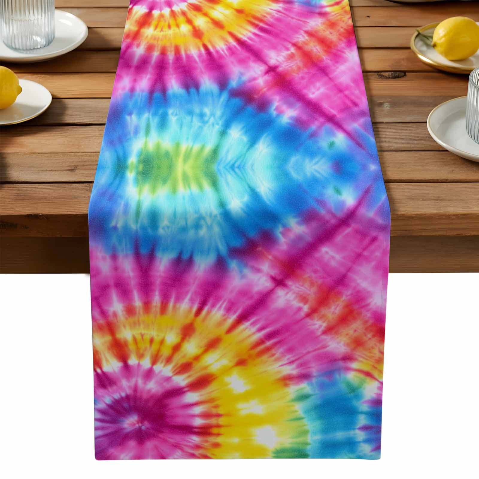 Abstract Ethnic Tie Dye Art Table Runner, Colorful Cotton Linen ...