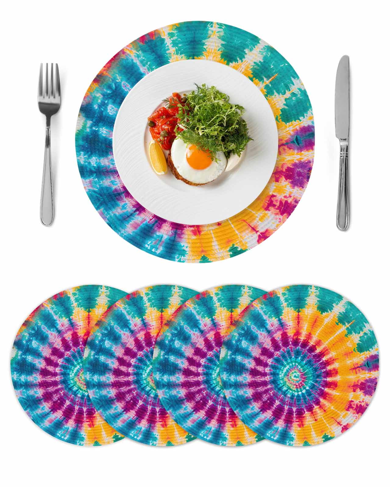 Abstract Ethnic Tie Dye Round Table Placemats set of 4, Watercolor ...