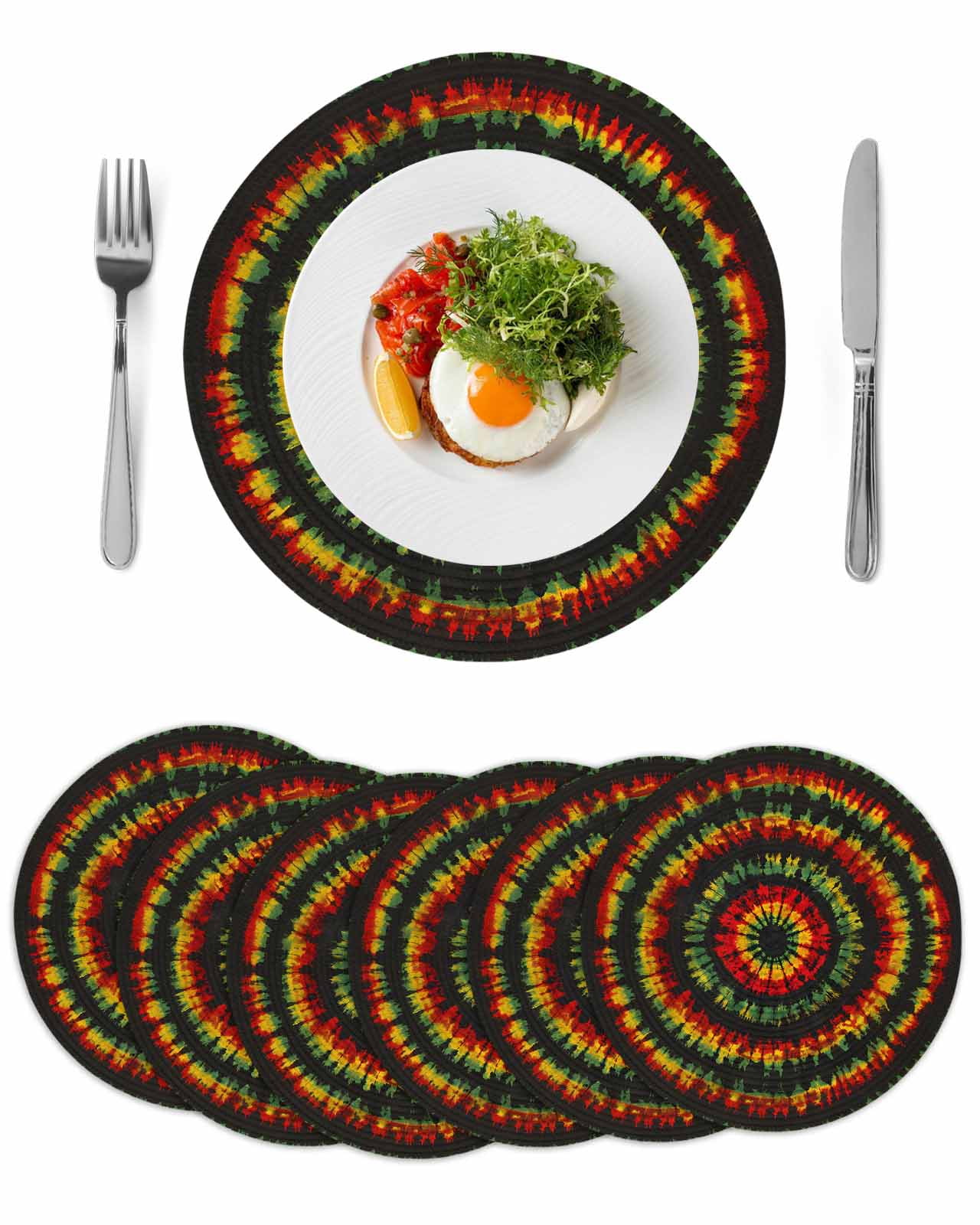 Abstract Ethnic Tie Dye Round Table Placemats set of 6, Red Green ...