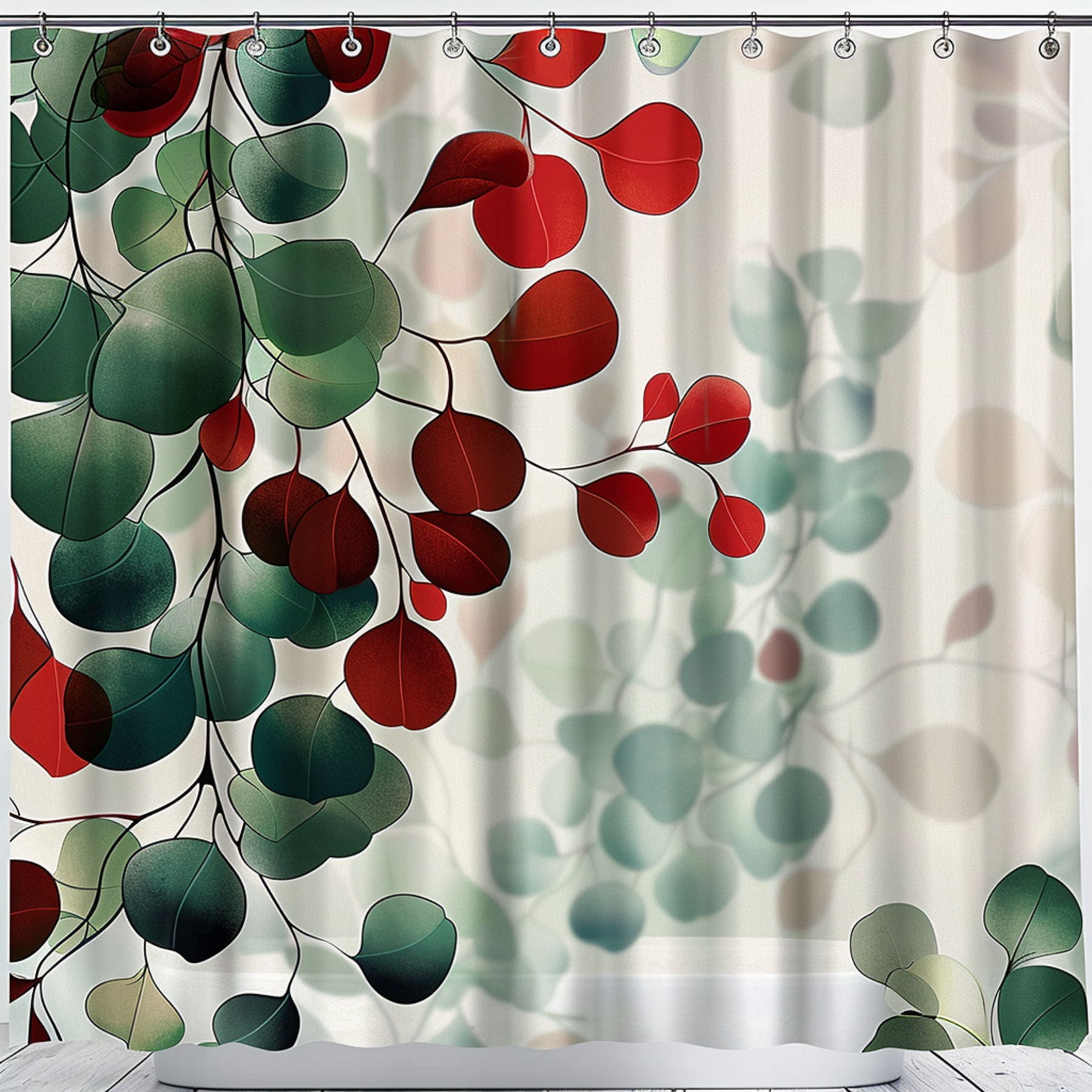 Abstract Eucalyptus Red Green Leaves Bathroom Curtain Home Life Scene ...