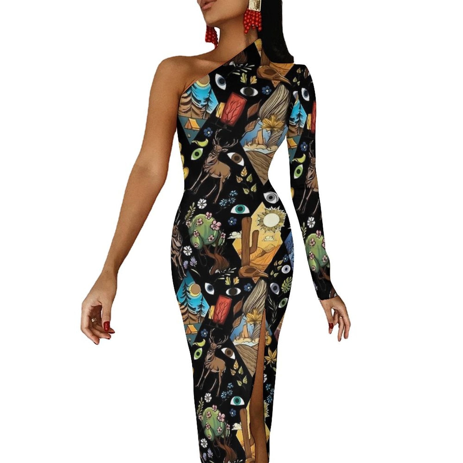 Abstract Evil Eye Bodycon Dress Autumn Vintage Print Night Club Side ...