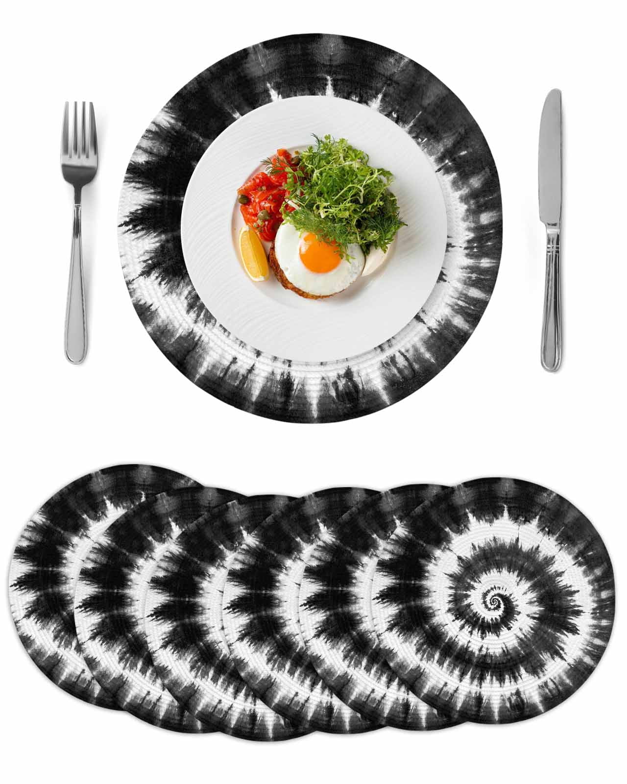 Abstract Explosion Tie Dye Round Table Placemats set of 6, Black White ...