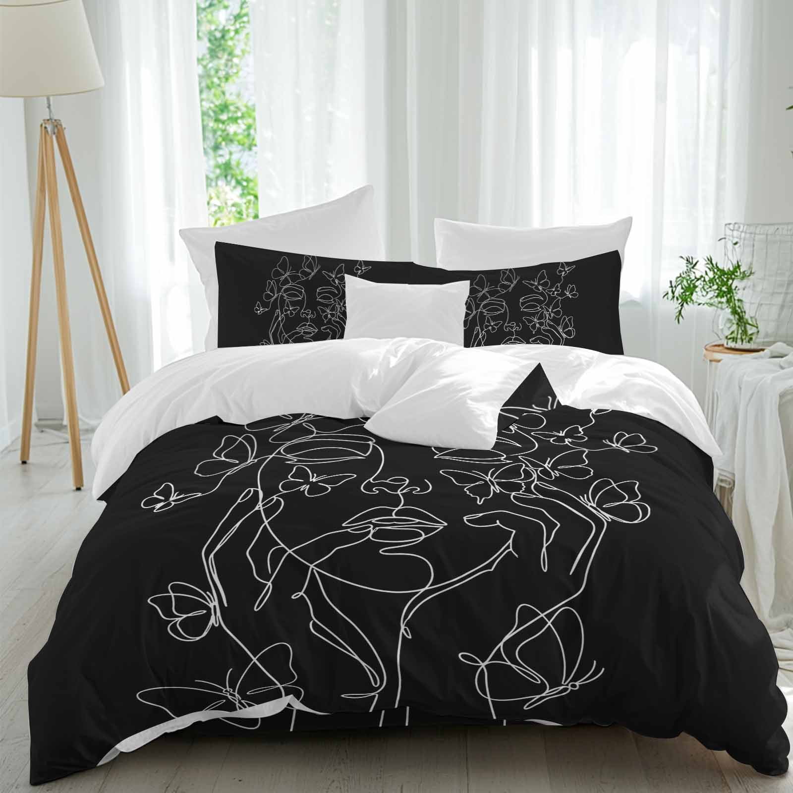 Abstract Face Comforter Set Full Size, White Lines Women Face Floral ...