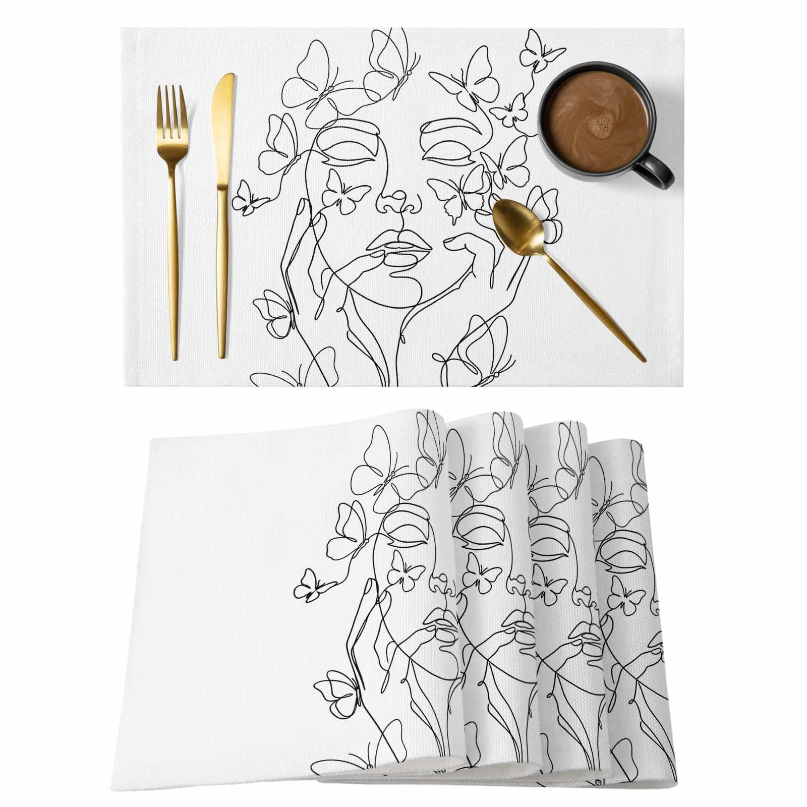 Abstract Face Cotton Linen Placemats Set of 1, Black Lines Women Face ...