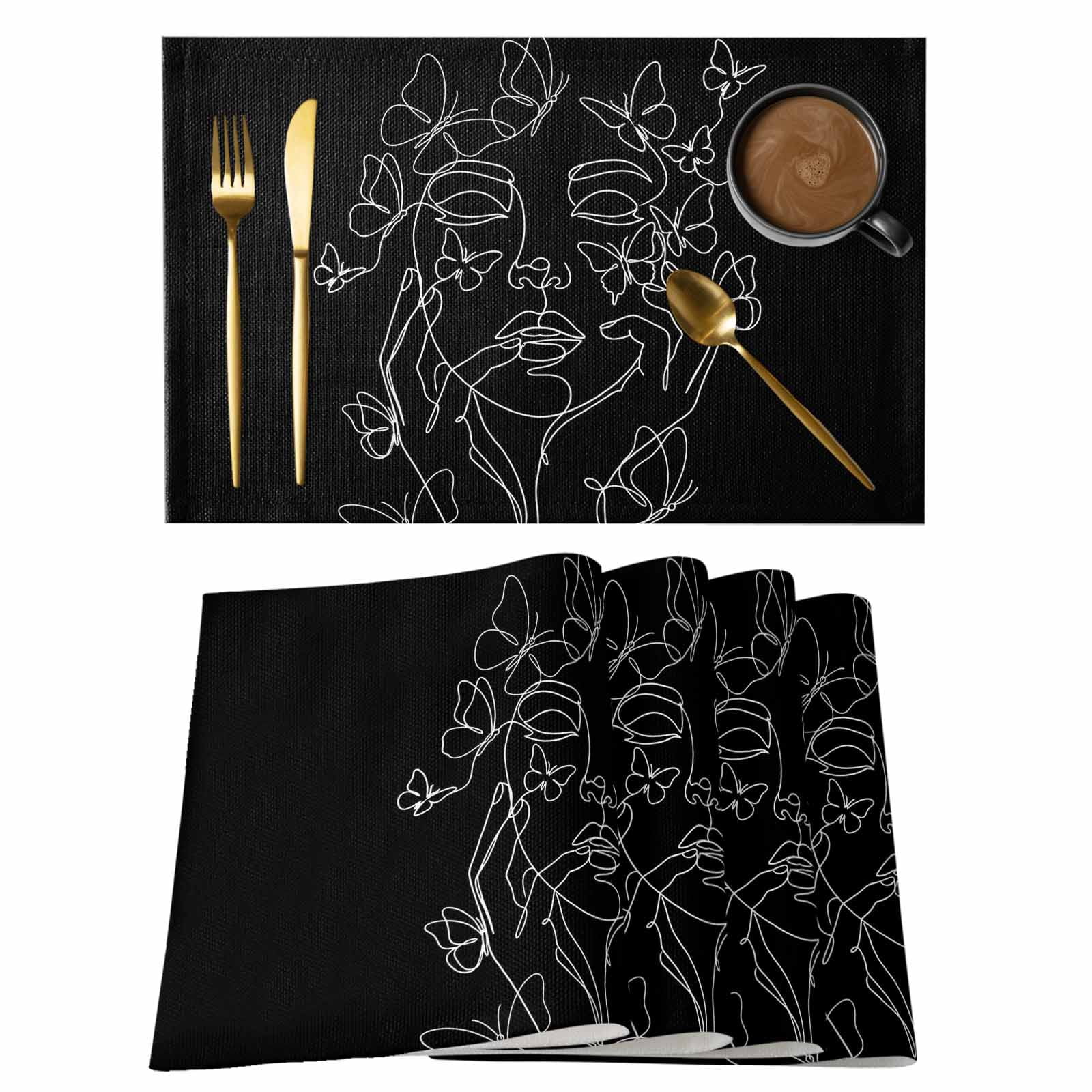 Abstract Face Cotton Linen Placemats Set of 6, White Lines Women Face ...