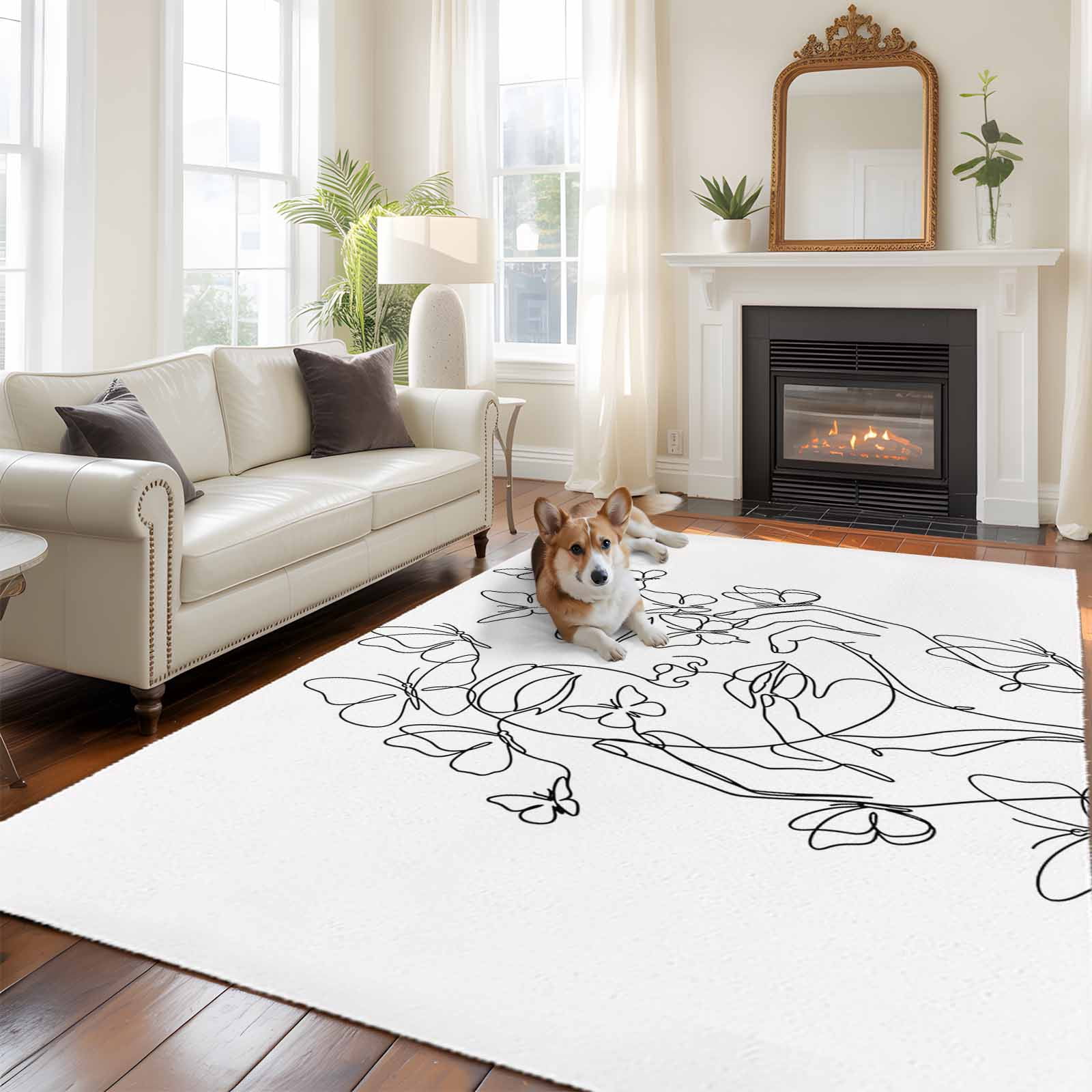 Abstract Face Large Area Rugs 6x9 ft Black Lines Women Face Floral ...