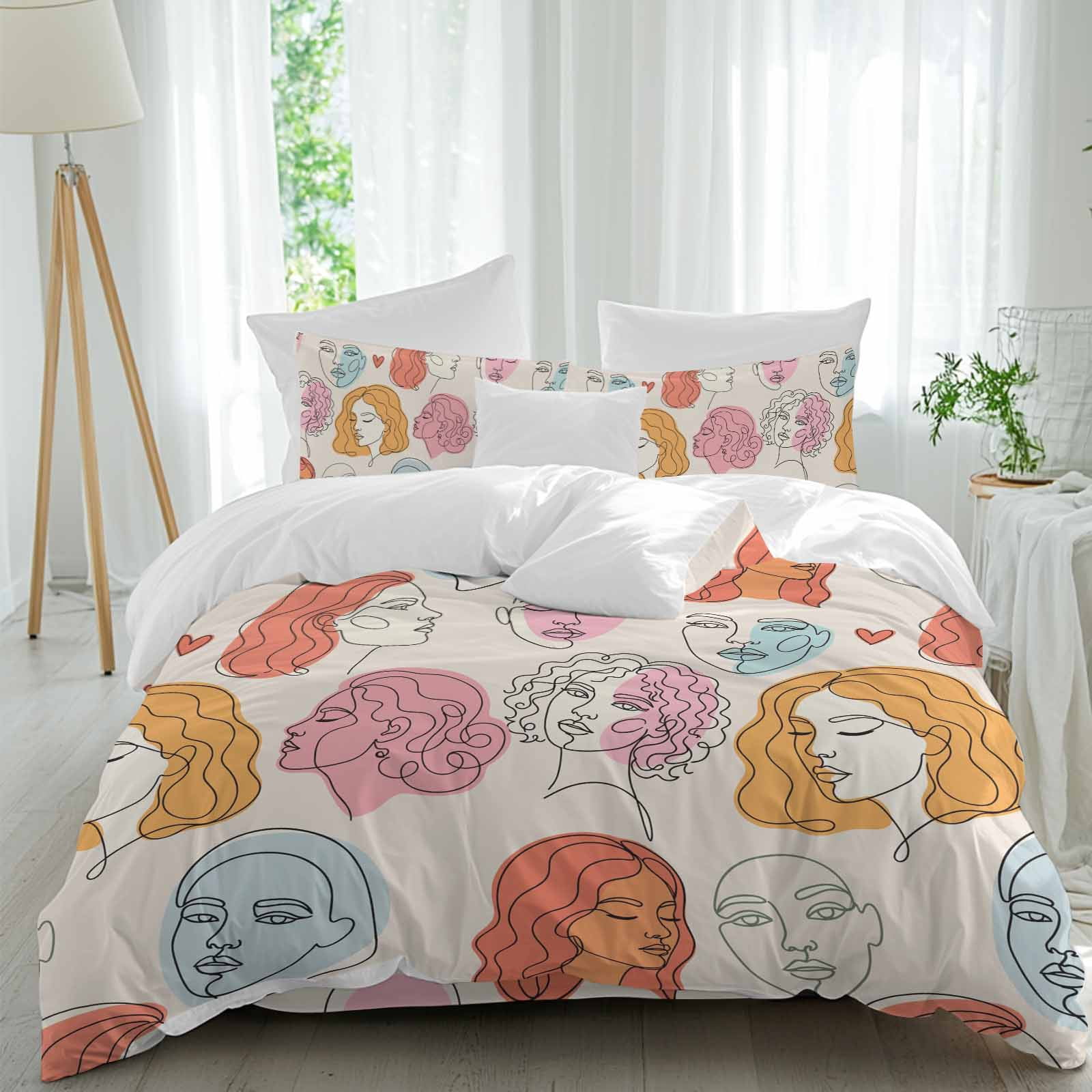 Abstract Face Painting 4 Piece Duvet Cover Set Queen Size Boho Pink ...