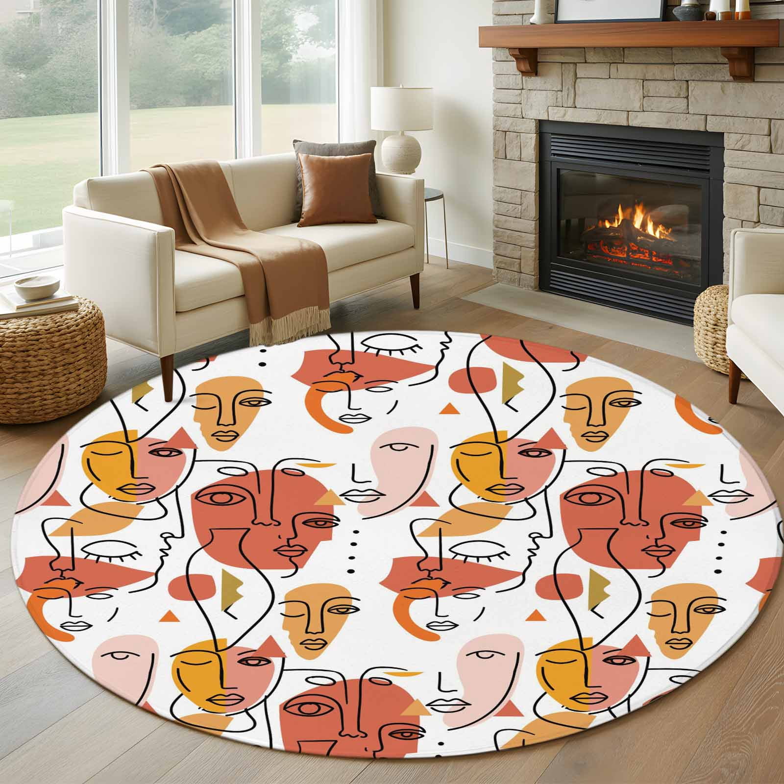 Abstract Face Painting 7FT Round Area Rugs for Living Room Orange ...