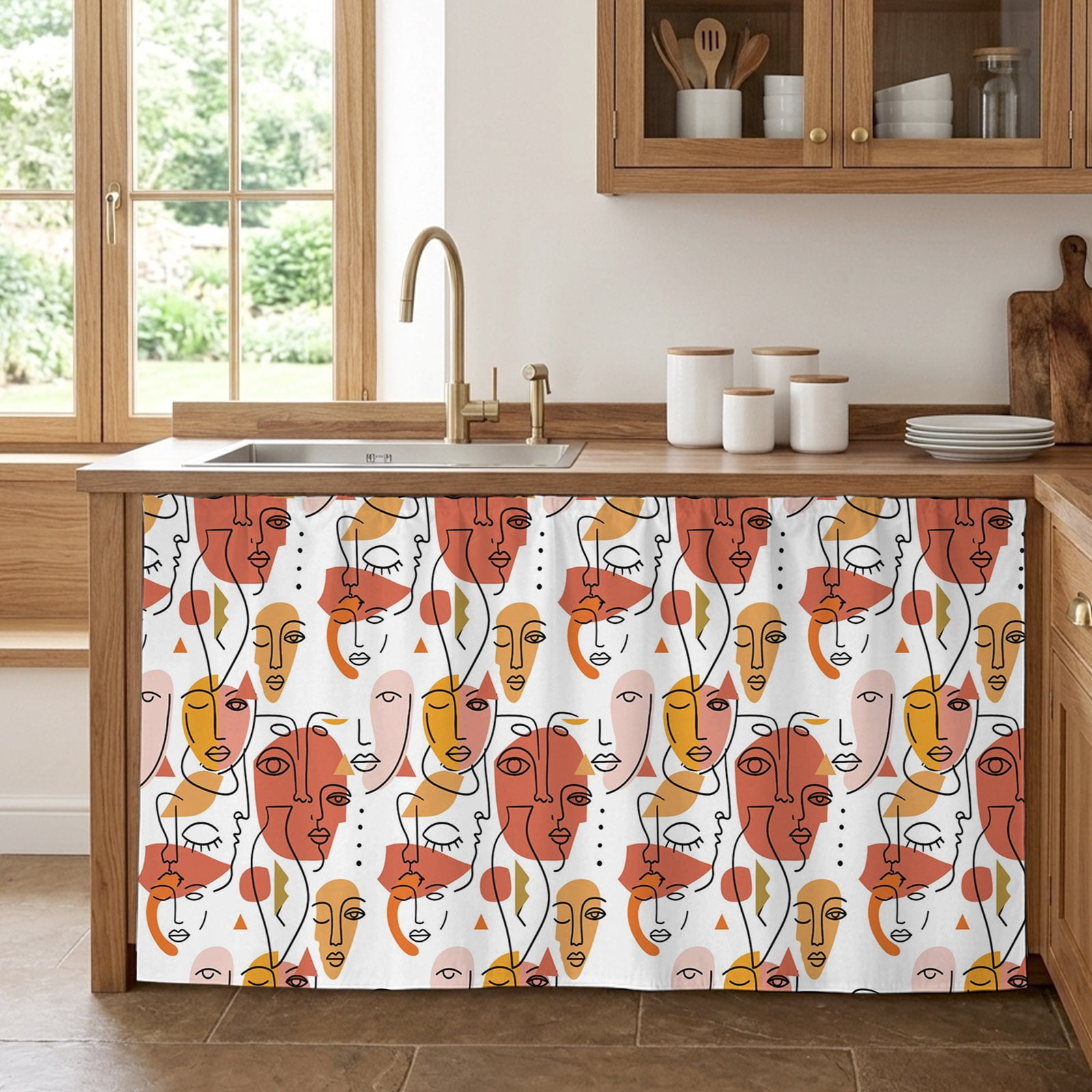 Abstract Face Painting Cabinet Curtains for Kitchen 32"W x 55"L, Orange ...