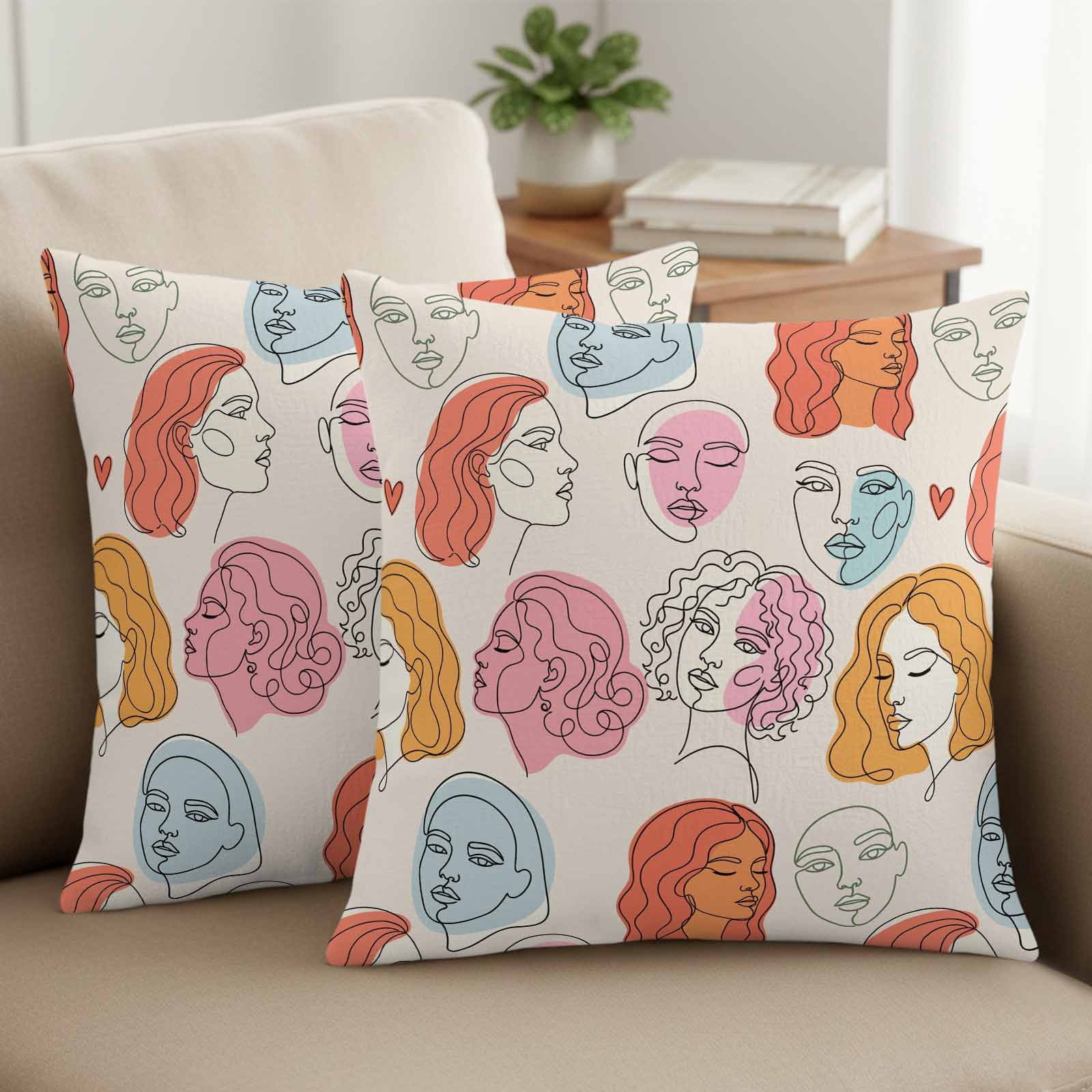 Abstract Face Painting Pillow Covers Set of 2, Boho Pink Portraits ...