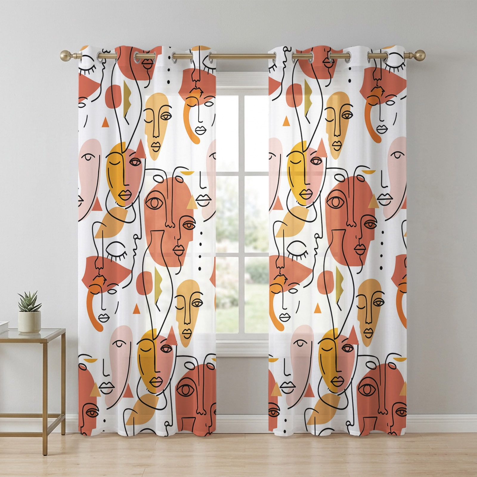 Abstract Face Painting Sheer Curtains 84 Inch Long 2 Panels, Orange ...