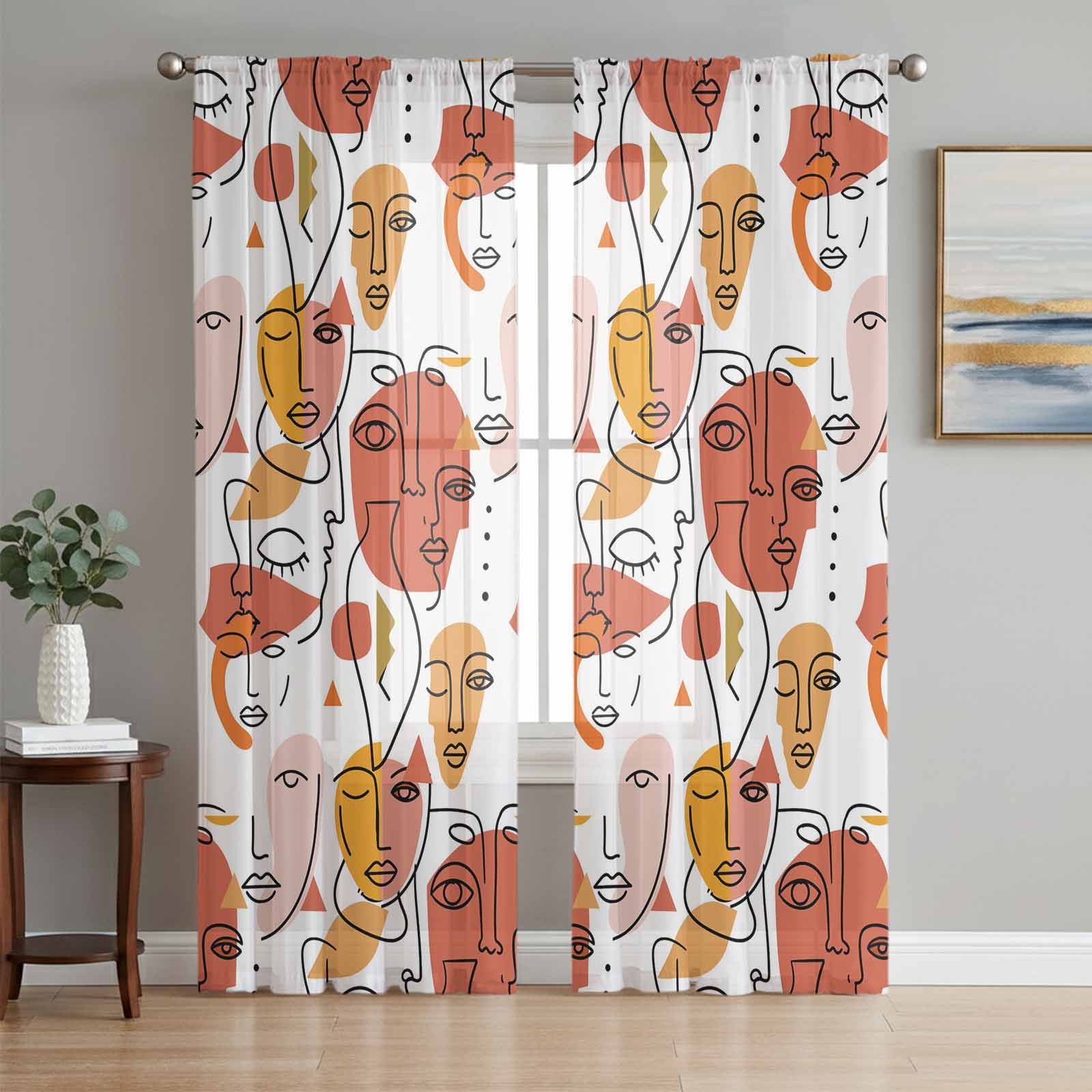 Abstract Face Painting Sheer Curtains for Living Room Bedroom, Orange ...