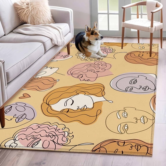 Abstract Face Painting Washable Area Rug 2.7x5 Boho Yellow Portraits ...