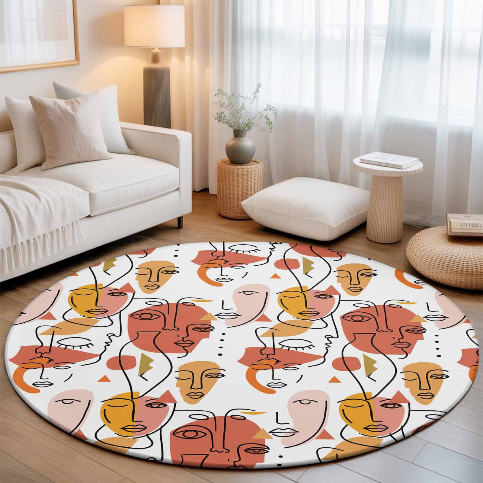 Abstract Face Painting Washable Round Area Rug 3 ft, Orange Yellow Boho ...