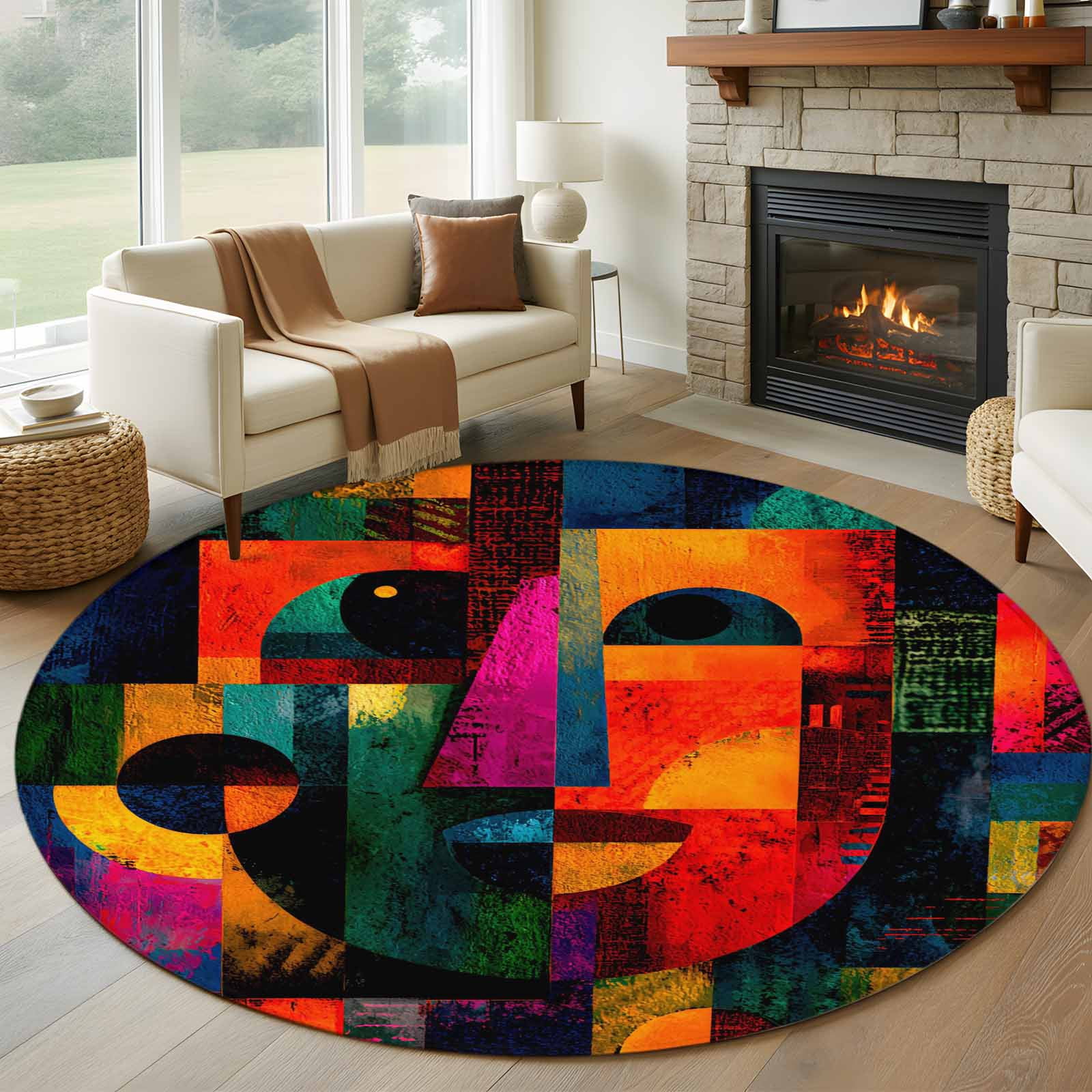 Abstract Face Round Rugs for Living Room 6ft Colorful Boho Modern ...