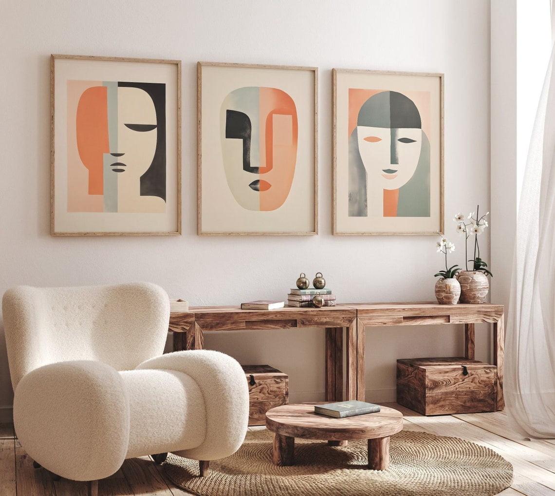 Abstract Faces Art Print Neutral Modern Art Set 3 Stretched Canvas 8x12 ...