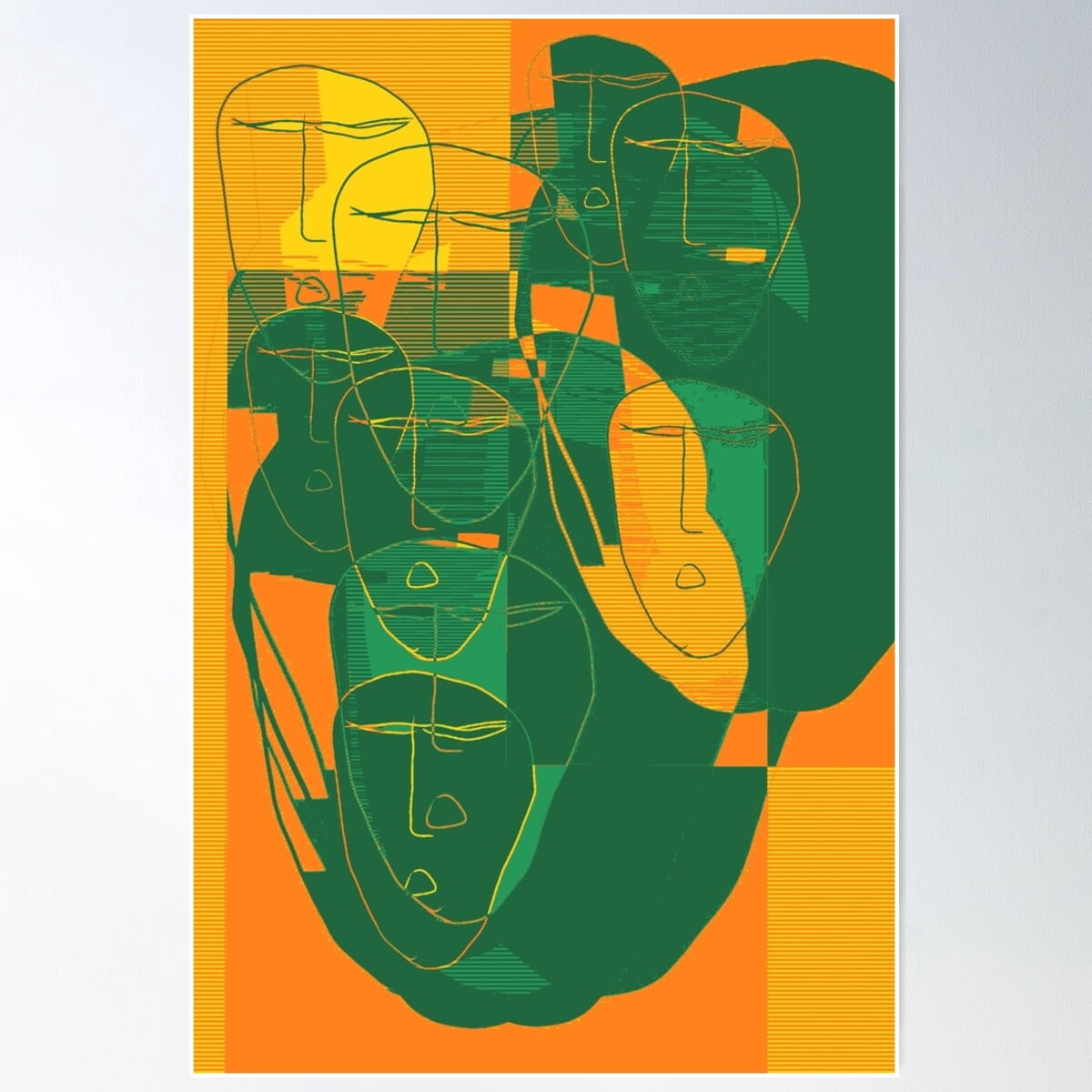 Abstract Faces In Green, Yellow, Orange Poster Wall Art, Modern Wall ...