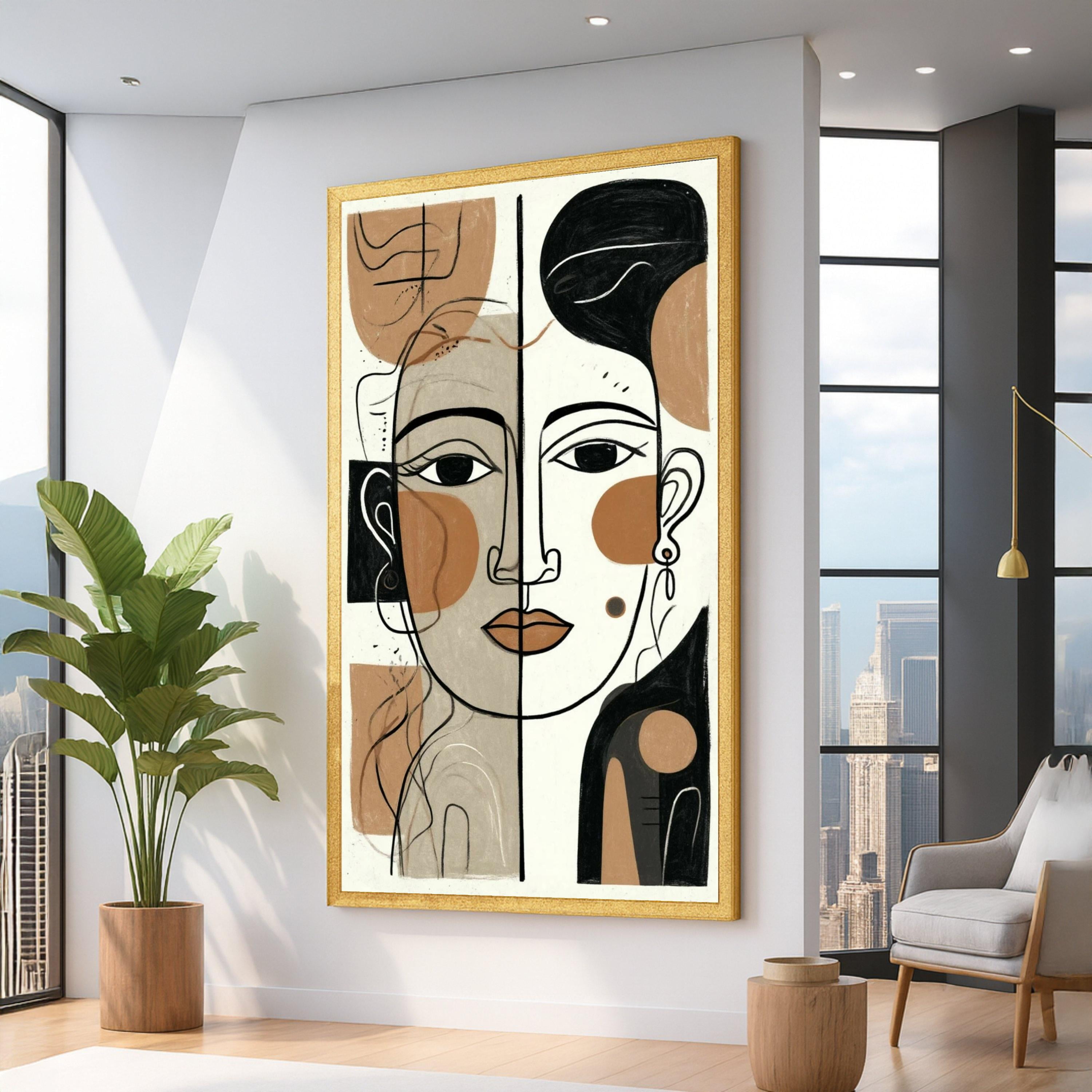 Abstract Faces Wall Art, Modern Minimalist Portrait, Two Tone Line Art ...