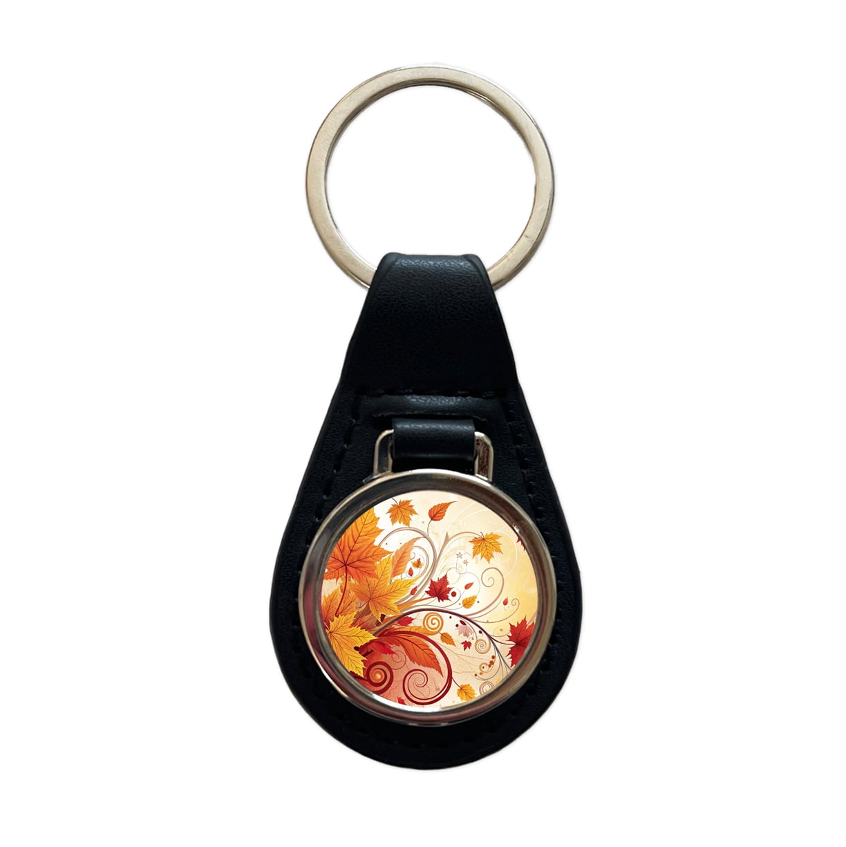 Abstract Fall Autumn Leaves Design Metal Black Leather Keychain ...