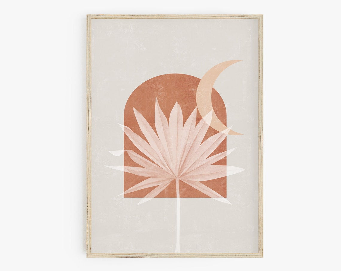 Abstract Fan Palm Frond Print, Boho Decor, Tropical Leaf Moon Art ...